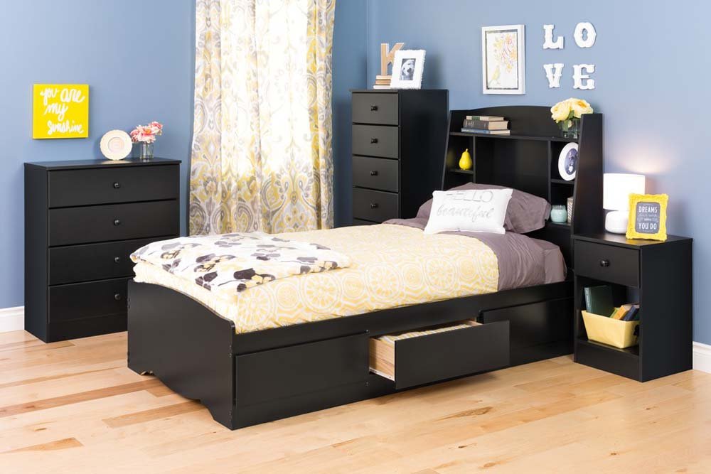 Prepac Captain's Platform Storage Bed with 6 Drawers, Twin, Black & Astrid Twin Headboard, Black
