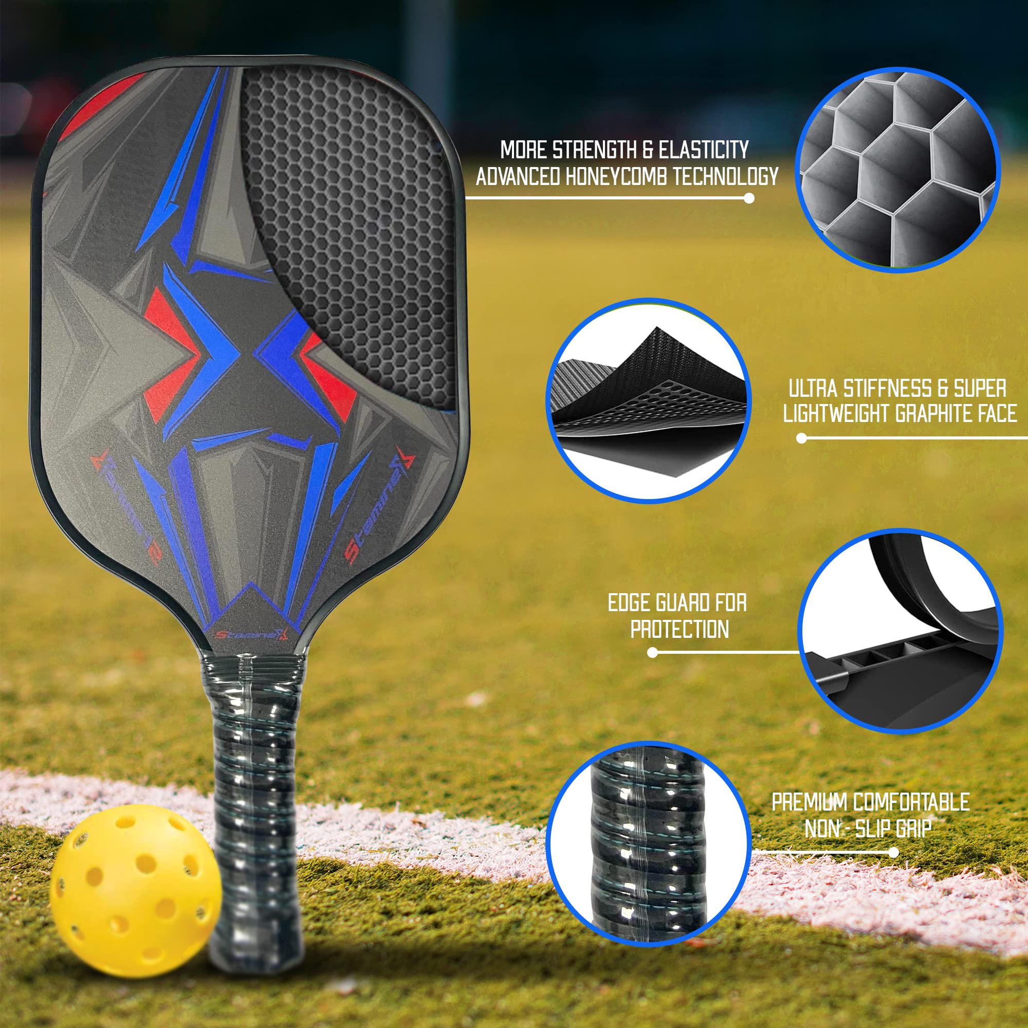Pickleball Set with 4 Pickleball Balls & 2 Carbon Fiber Pickleball Paddles with Cushioned Sweat-Resistant Racket Grips - Complete Set for 2 Players