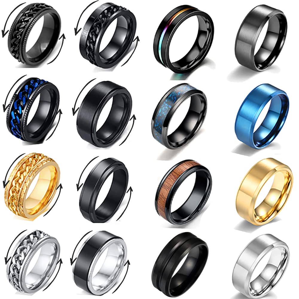 SAMOCO 16 Pcs Stainless Steel Fidget Band Rings for Men Women Cool Dragon Chain Stress Anxiety Relief Wedding Promise Band Ring Set Size 11