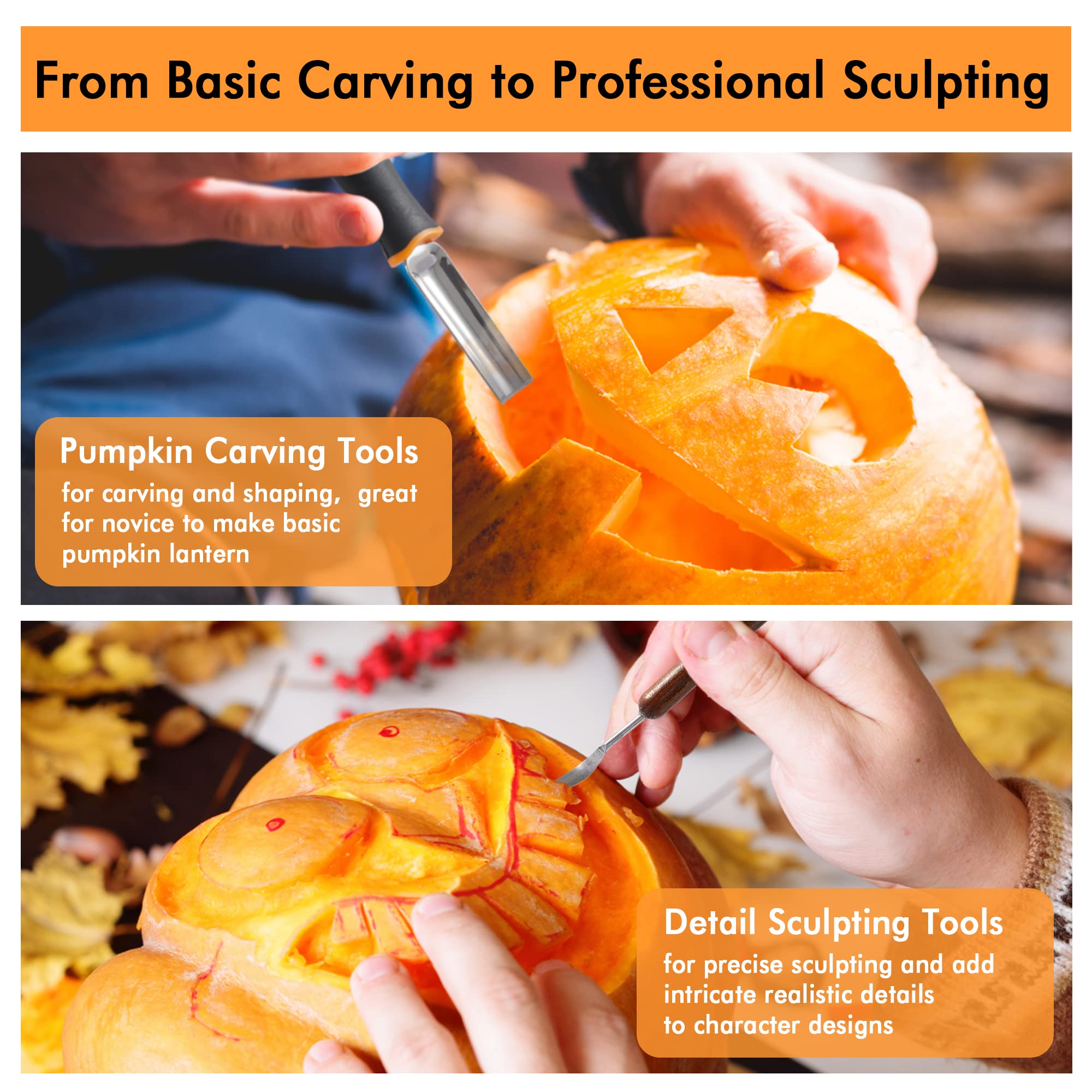 Shuttle Art 35 PCS Halloween Pumpkin Carving Kit, 11 PCS Professional Stainless Steel Pumpkin Carving Tools with 10 Stencils and 12 Electronic Candles, Safe, Fun and Durable for Kids Adults Carving
