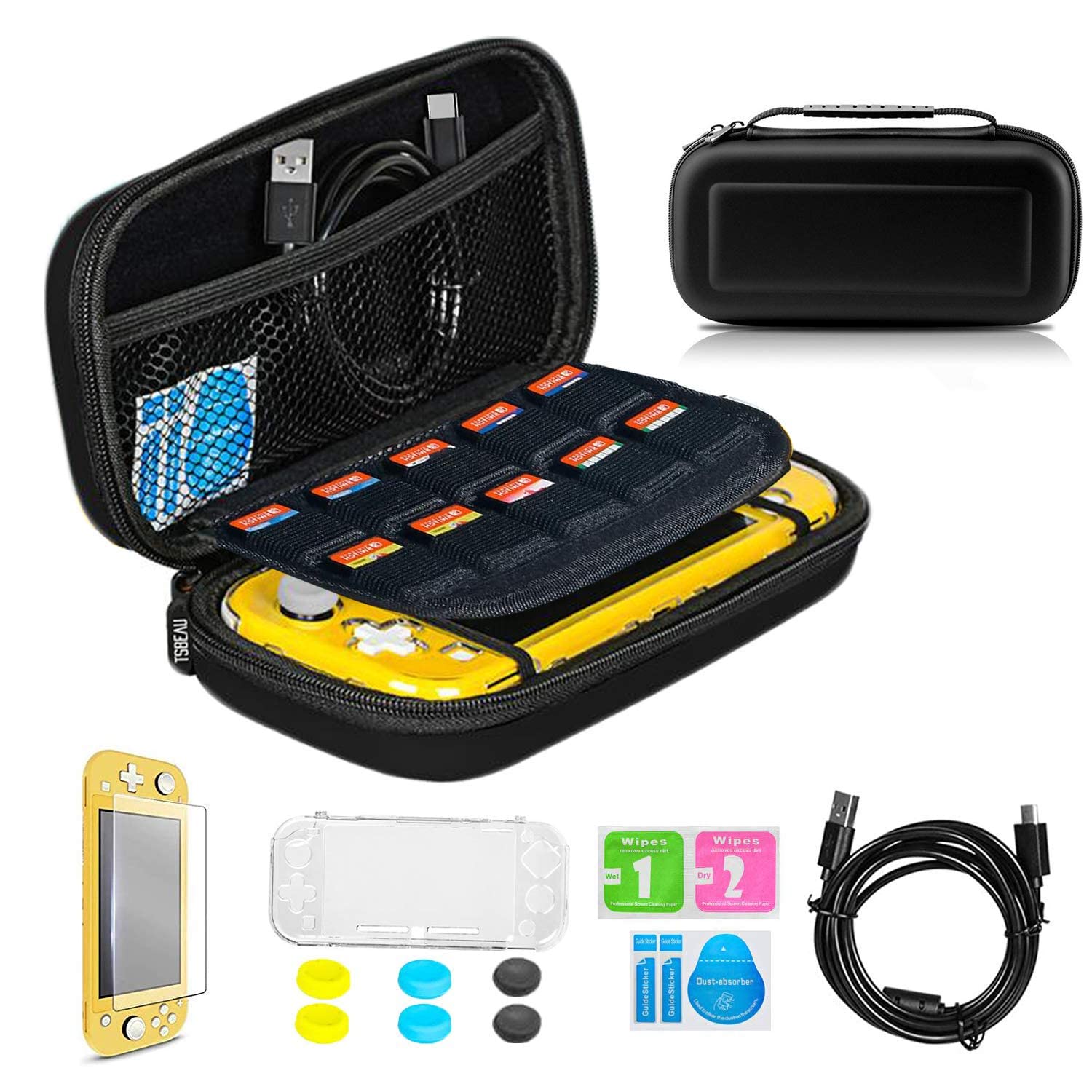 Vaparinckl Portable Protective Carrying Case for Nintendo Switch Lite, Hard Travel Accessories Kit Bundle Handbag with Card Slot, TPU Case Cover, PU Hard Case Cover, Tempered Glass Screen Protector