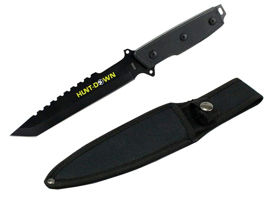 S.S. Fixed Knives 12 HuntDown All Black Tanto Blade Hunting Survival Fixed Blade Knife Ridged Edge With Nylon Sheath
