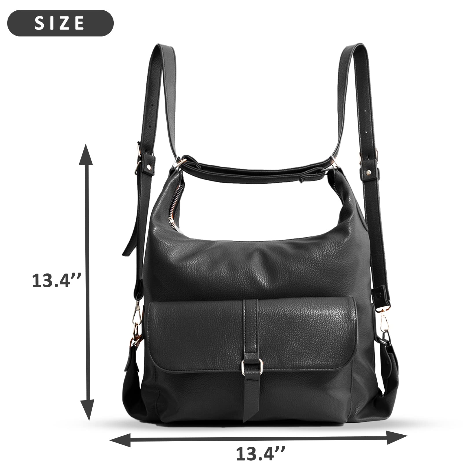 QTKJ Leather Backpack, Large Leather Shoulder Bag, Vegan Leather handbags with Adjustable Shoulder Strap, Multifunction Convertible Backpack for Women Travel Work Vacation, Black