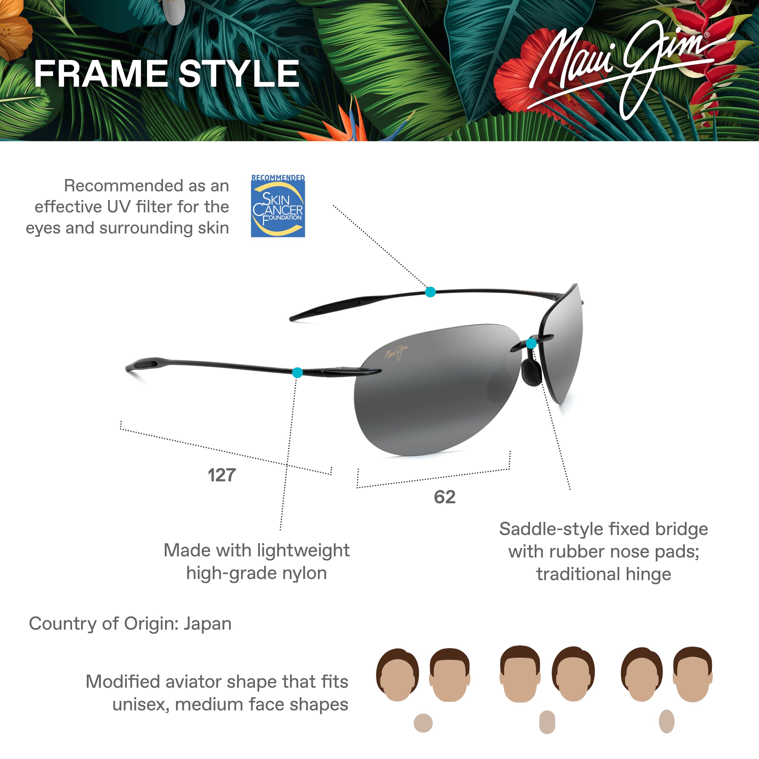 Maui Jim Men's and Women's 'Akau Polarized Rimless Sunglasses, Crystal Matte/Blue Hawaii, Large