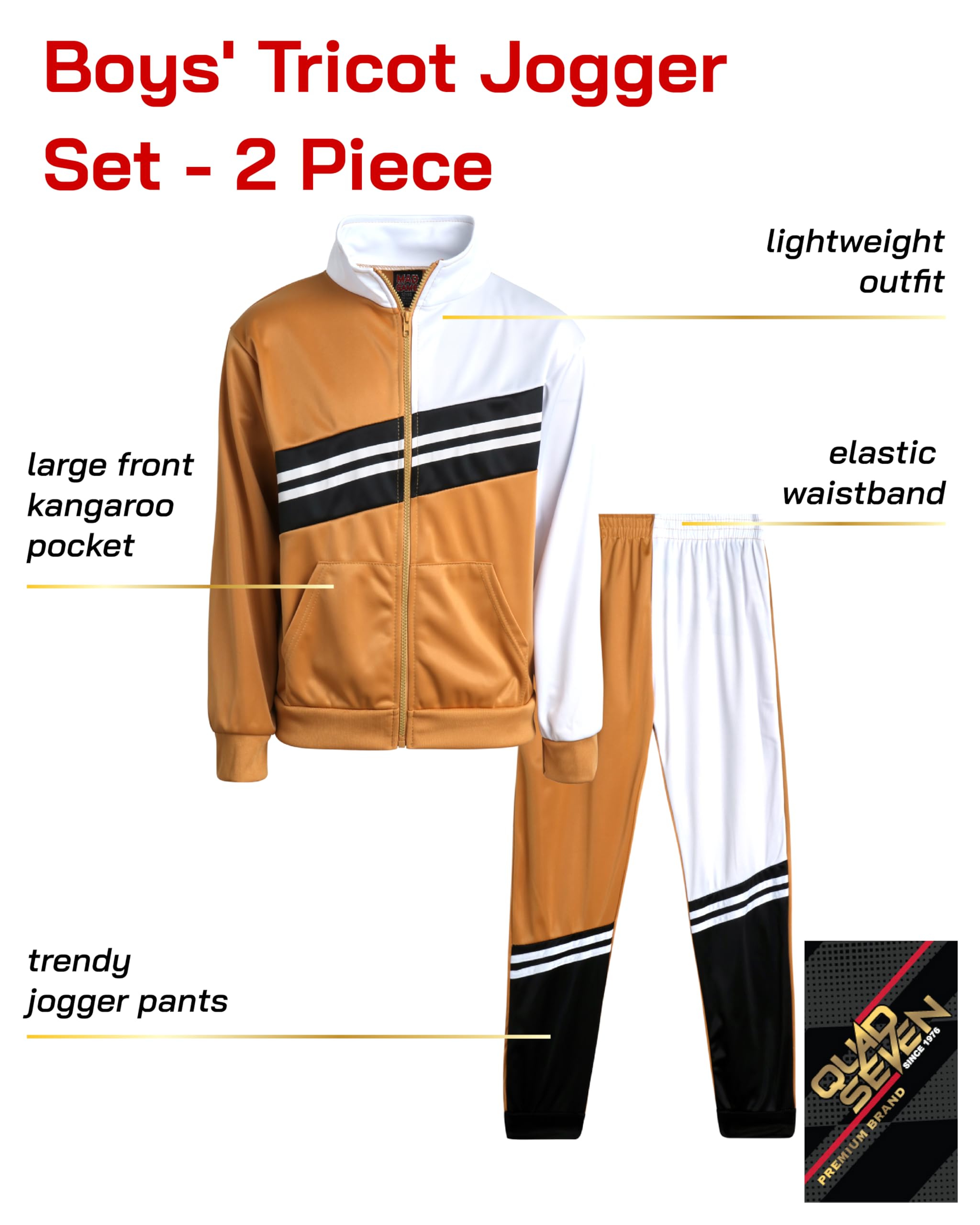 Quad Seven Boys' Tricot Jogger Set - 2 Piece Active Performance Zip-Up Tracksuit Set (Size: 4-18), Size 8-10, Black/White Legend