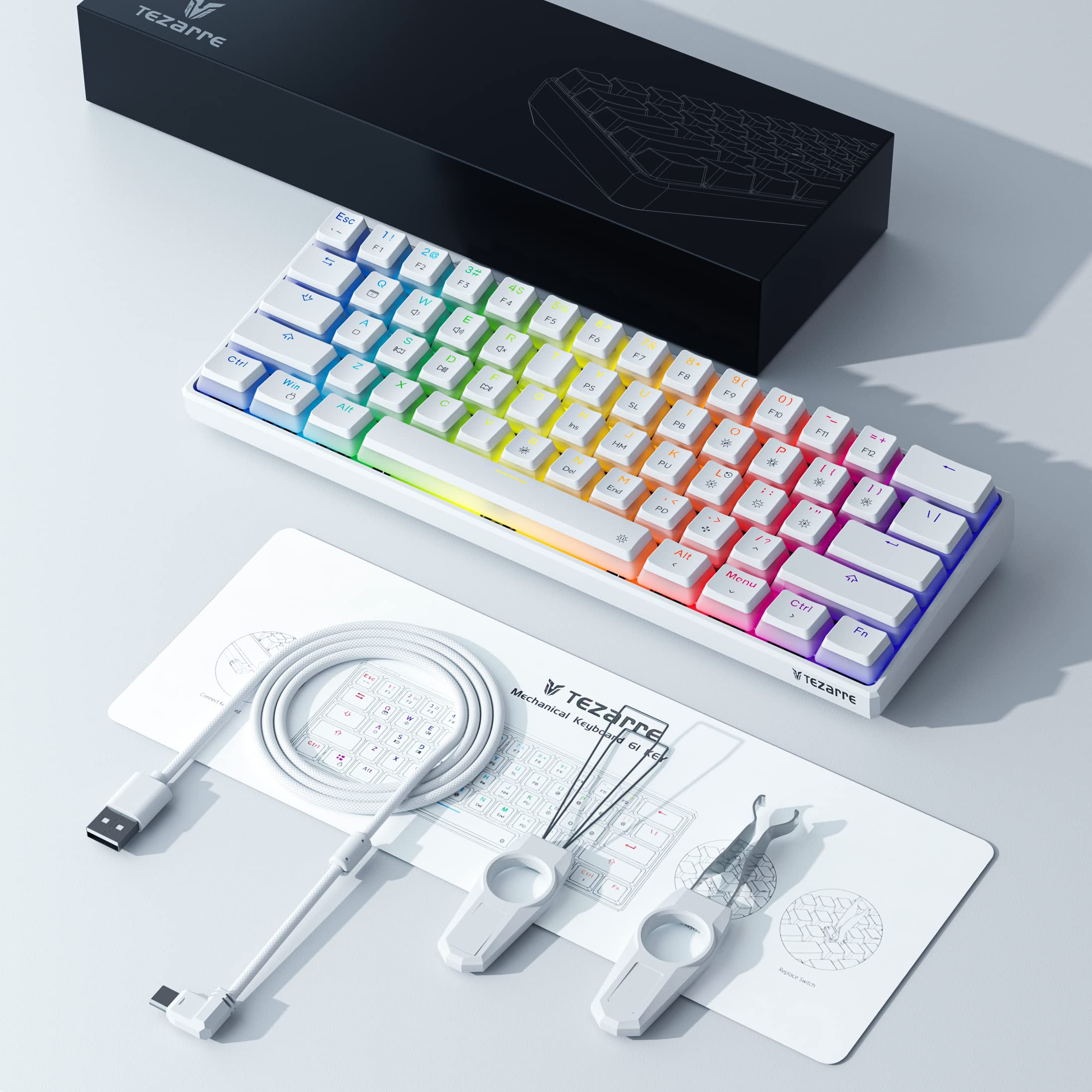 Tezarre TK61 60% Hotswap Mechanical Gaming Keyboard with PBT Pudding Keycaps,RGB Backlit Wired USB Optical Switches Keyboards Full Keys Programmable for Windows MAC PC Gamers (Gateron Optical Blue)