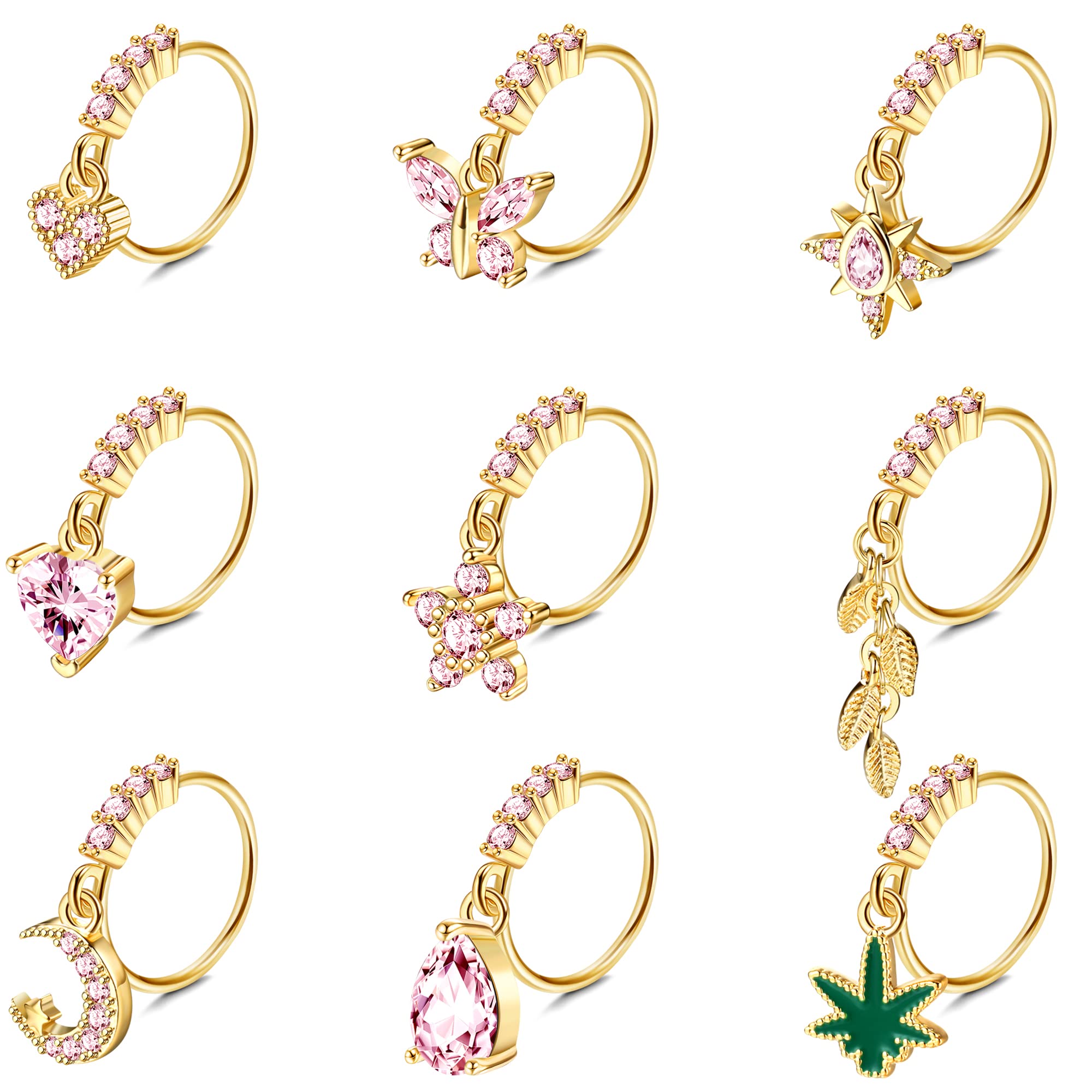 Sanfenly 9Pcs Dangle Nose Rings Hoops for Women Men 20G Stainless Steel Nose Piercing Jewelry Pink CZ Heart Moon Butterfly Dangling Nose Hoops Gold, Silver Tone
