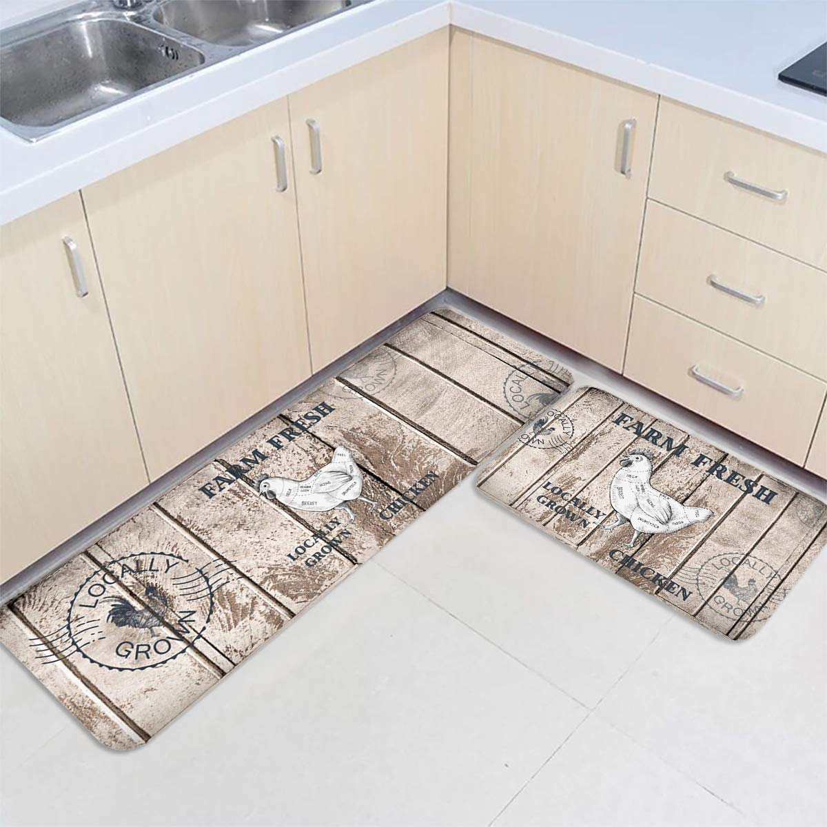 Rustic Farmhouse Kitchen Rug Set Kitchen Mats Cushioned Anti Fatigue Wood Farm Fresh Locally Grown Chicken Mats for Standing Waterproof Microfiber Easy to Clean 2 Pieces 19.7x31.5inch+19.7x47.2inch