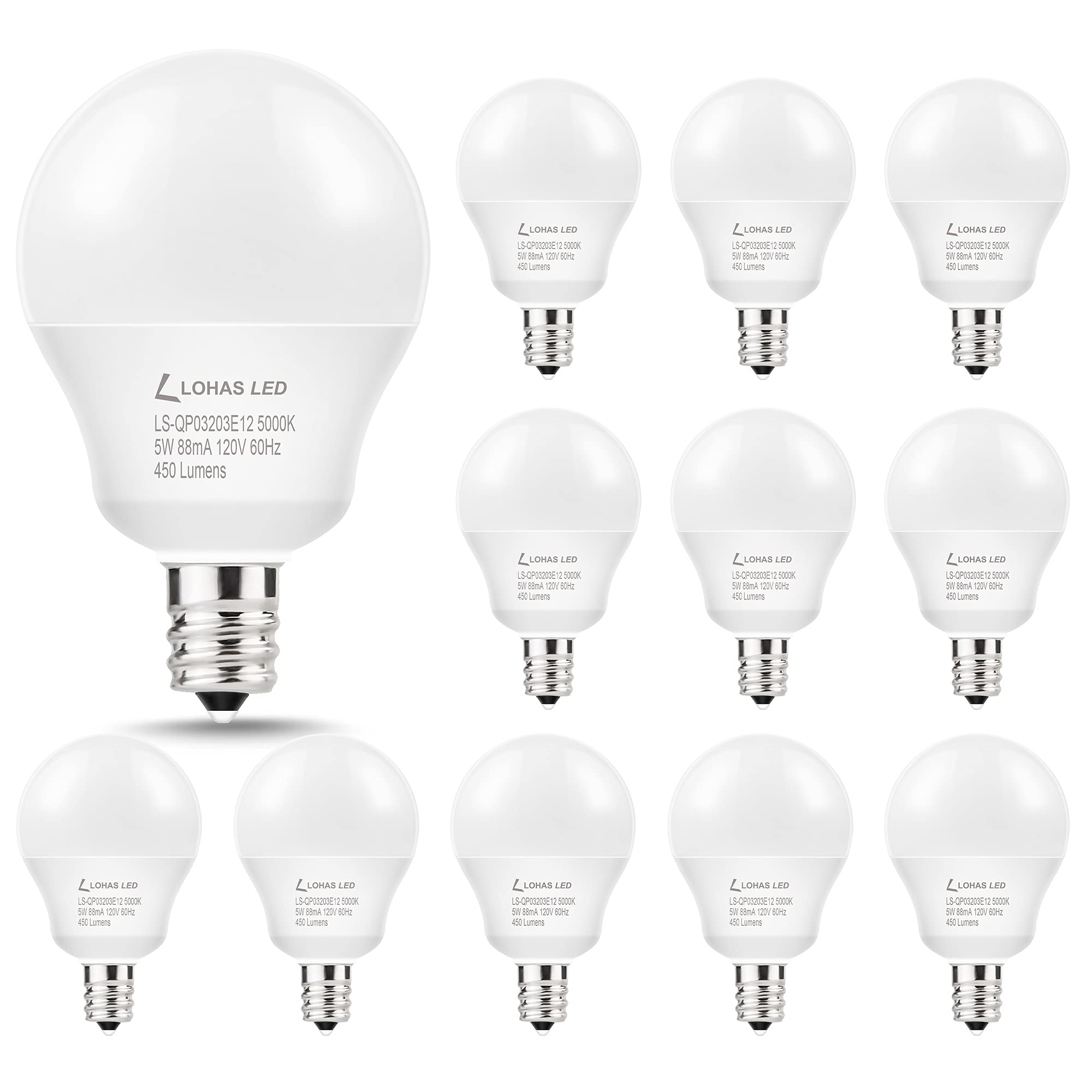 LOHAS E12 Candelabra Bulb, 45 Watt Equivalent G14 LED Globe Bulb, Daylight 5000K 450LM, 5W Vanity Light Bulb, Small Fan Light Bulb, Not Dimmable, Ideal for Ceiling Fan Table Lamp Dinning Room, 12 Pack