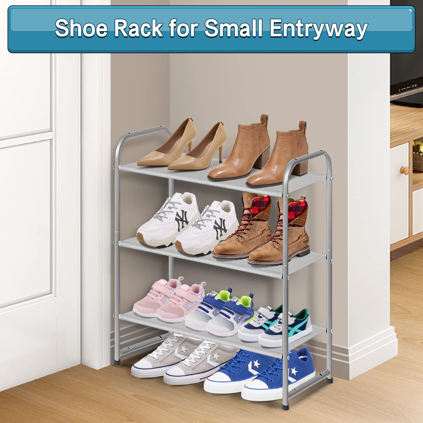 KIMBORA 3-Tier Small Shoe Rack 8-Pairs Stackable Narrow Shoe Storage Organizer Heavy Duty Shoe Shelf for Bedroom Closet, Entryway, Hallway (Grey)