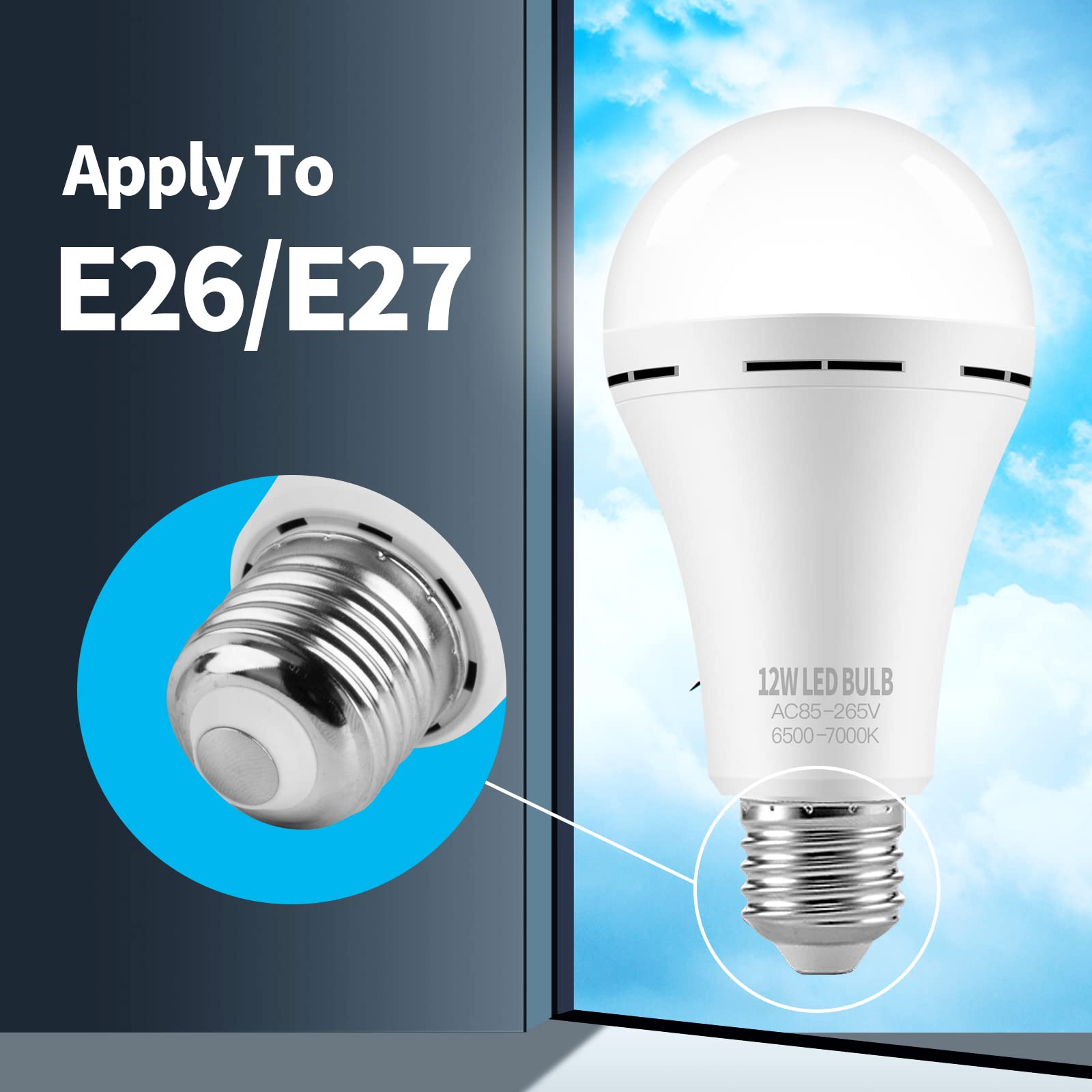 MOSLIAN Emergency-Rechargeable Light Bulb with Hook,Stay Lights Up When Power Failure, 1200mAh 12W 60W Equivalent LED Light Bulbs for Home, Camping, Hiking, 4 Pack, Cool White
