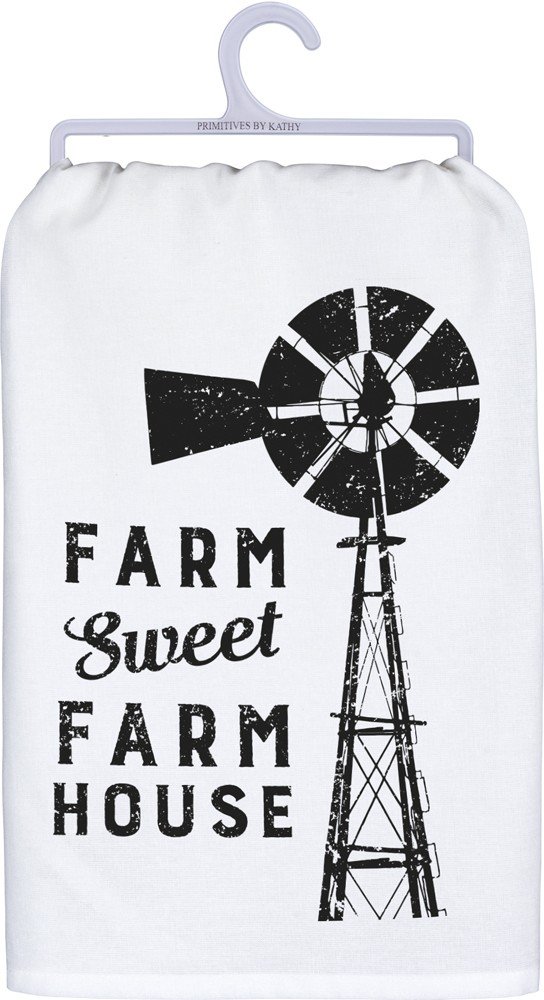 Primitives by Kathy 39407 Black and White Cotton Dish Towel, 28" Square, Farm Sweet Farm House