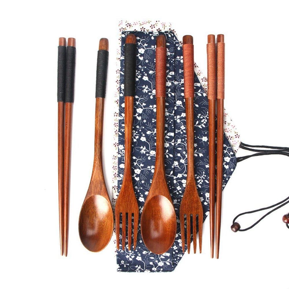 Leadigol Wooden Fork and Spoon Chopsticks Tableware Kitchen Dinnerware Set With Cloth Bag Travel Gift Cooking Tools Portable Flatware Bags