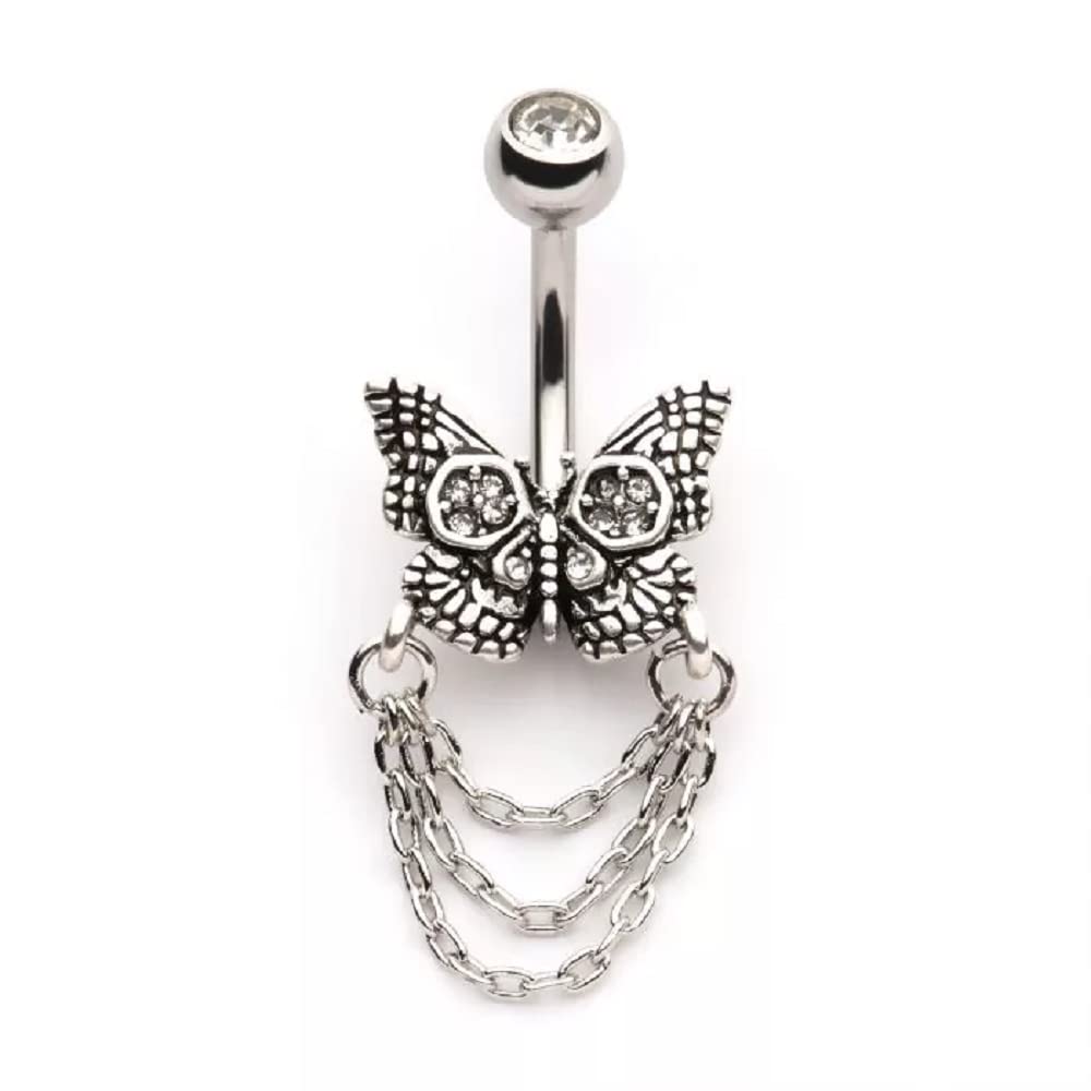 Pierced Owl 14GA 316L Stainless Steel CZ Crystal Paved Death Moth with Dangling Chains Belly Button Ring