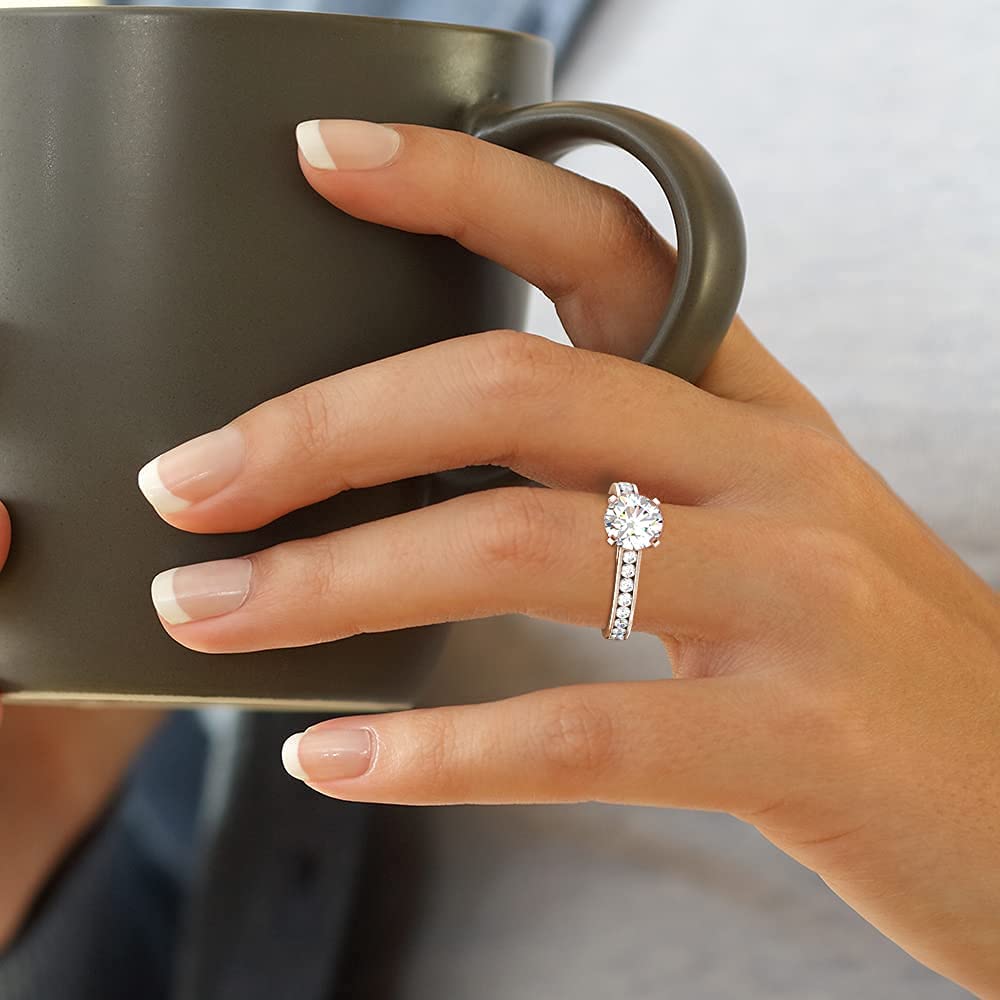 PREVELI 1.0ct-2.0ct Moissanite Channel-set ENGAGEMENT RING & WEDDING BAND BRIDAL SET in Platinum Plated Silver SIZE 5.5