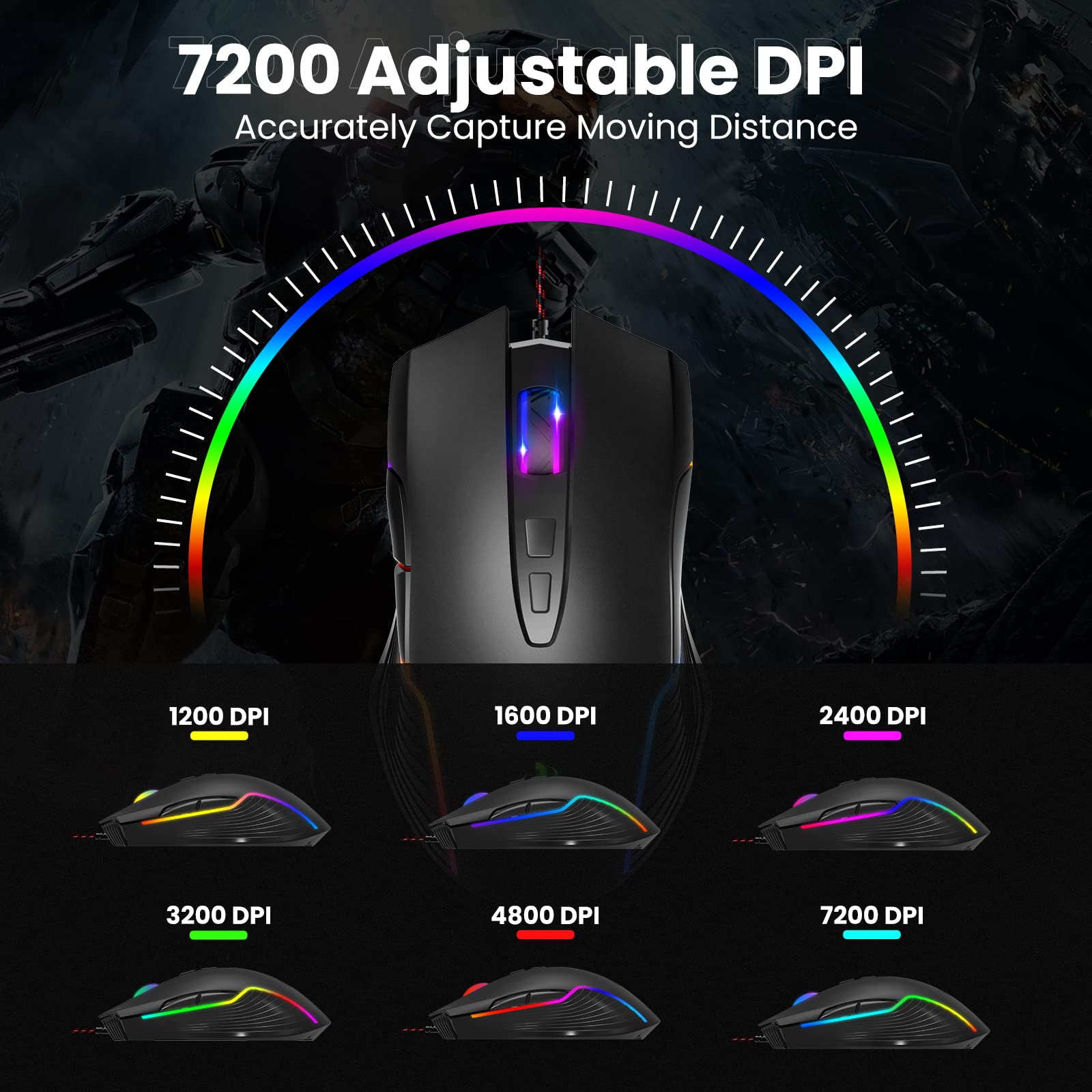 RIIKUNTEK Gaming Mouse Wired, Computer Mouse with 7 Programmable Buttons(One-key Fire/Desktop), 7200 DPI, 12 Backlits, Ergonomic Optical USB Game Mouse with Side Buttons for PC, Laptop Black
