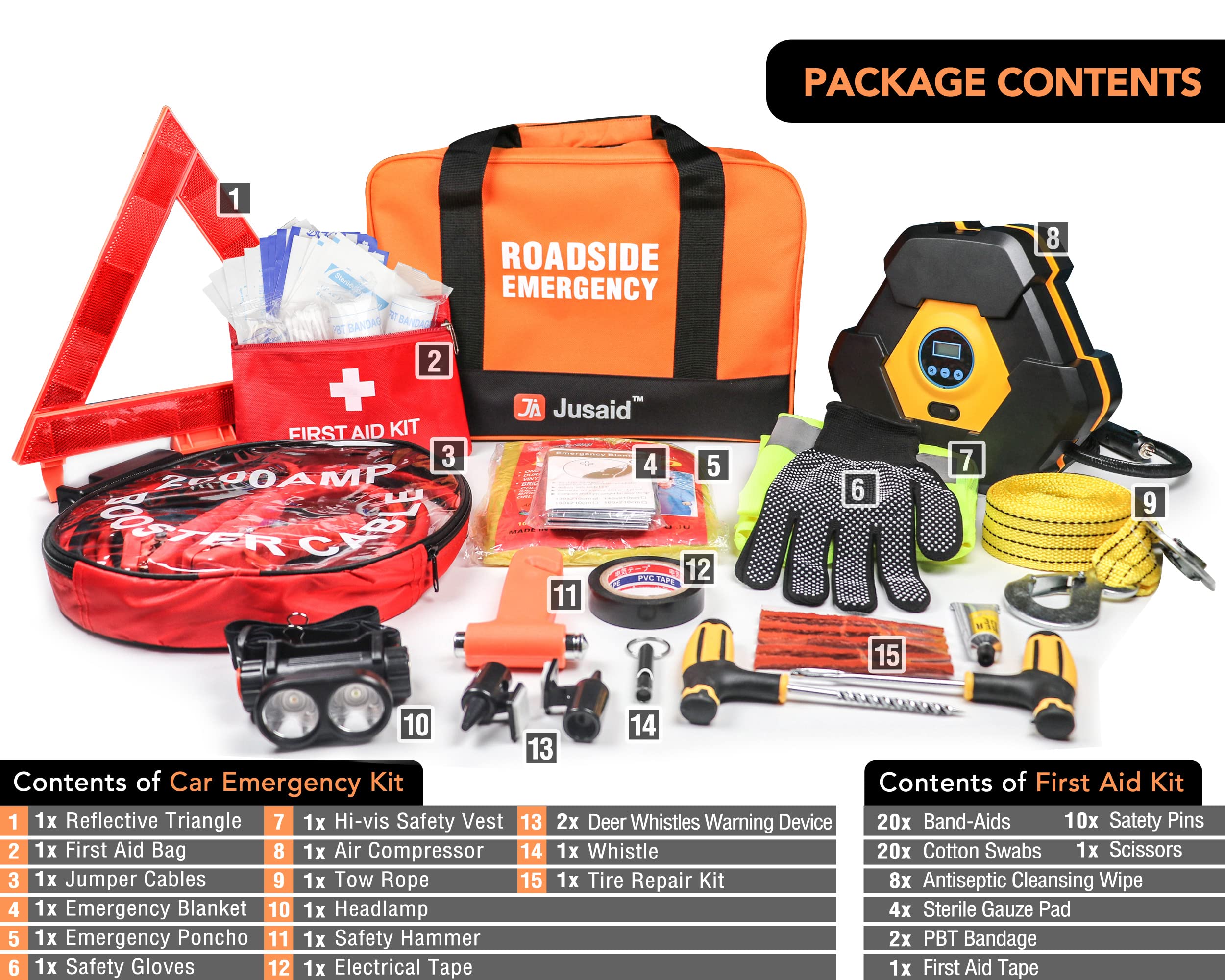 Roadside Emergency Car Kit, Road Trip with Portable Air Compressor, Jumper Cables, Headlamp, First Aid Kit, Auto Vehicle Safety Road Side Assistance Kits for Women and Men