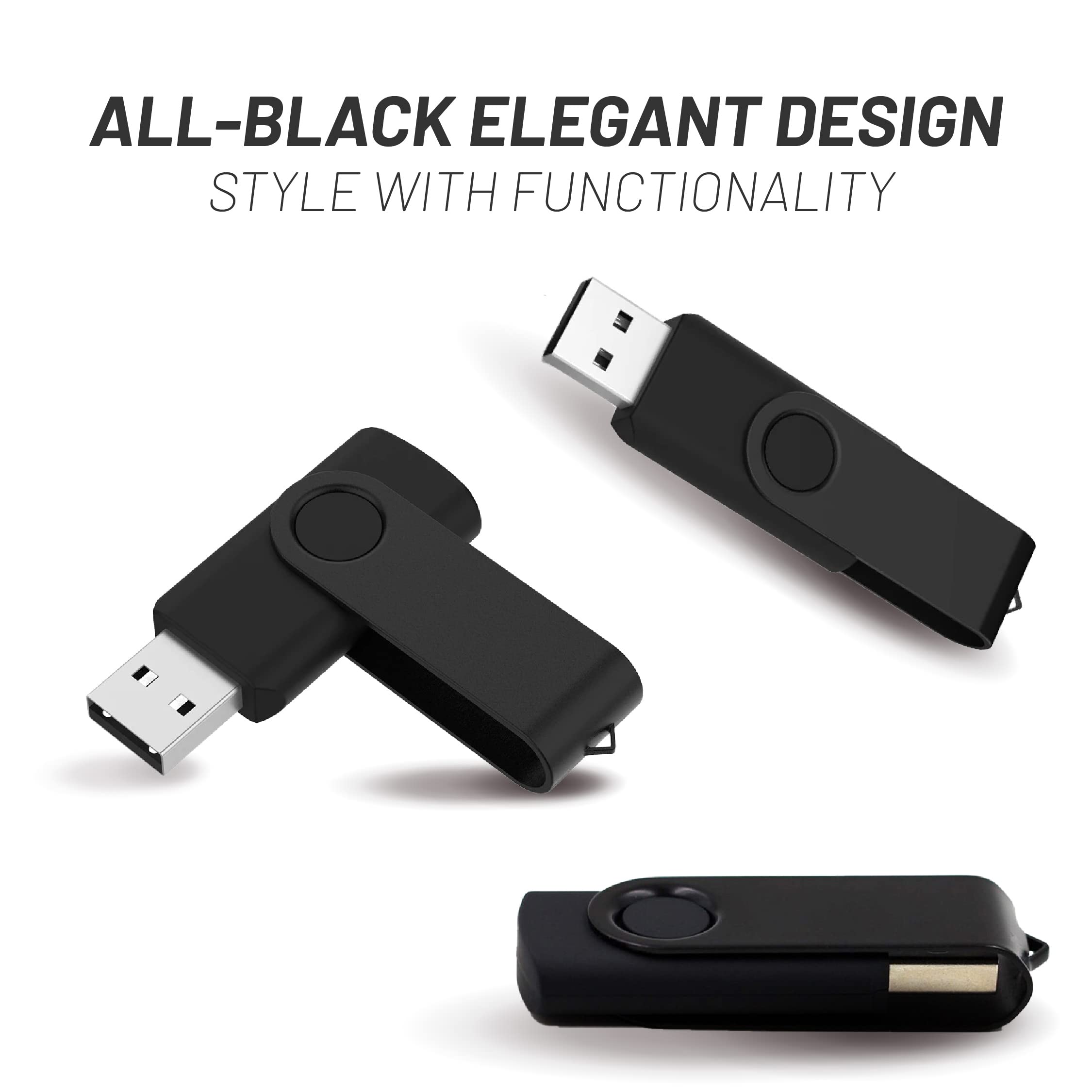 Vixelle 3 Pack 64GB High Speed USB 3.0 Flash Drive – Stylish All-Black 360° Metal Swivel USB Memory Sticks with Keychain Loop – Portable USB Pen Drive Bulk Pack for PC, Mac, TV, Car Audio, Video