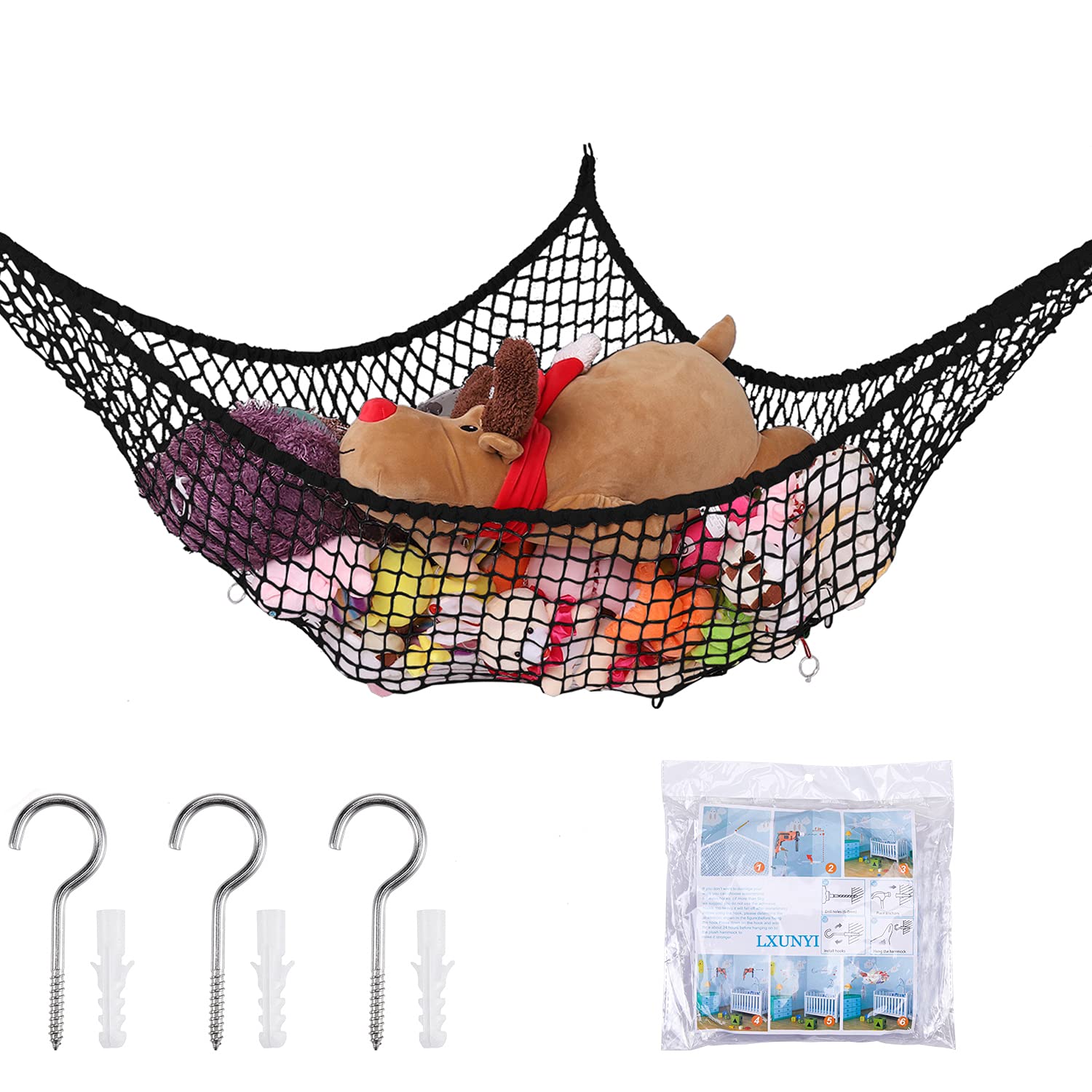 Stuffed Animal Net or Hammock, LXUNYI Toy Net Hammock for Stuffed Animals Large Stuffed Animals Hammock Plush Toys Wall Corner Hanging Storage Net Organizer (White with Tassels)