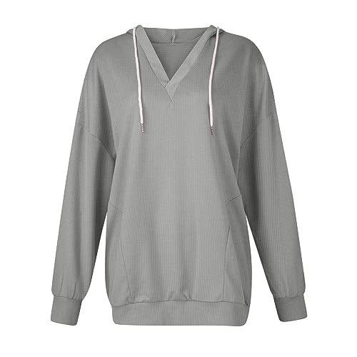 KSODFNXH Oversized Sweatshirt for Women Casual Trendy V-Neck Long Sleeves Tops Comfy Solid Color Drawstring Sweatshirts