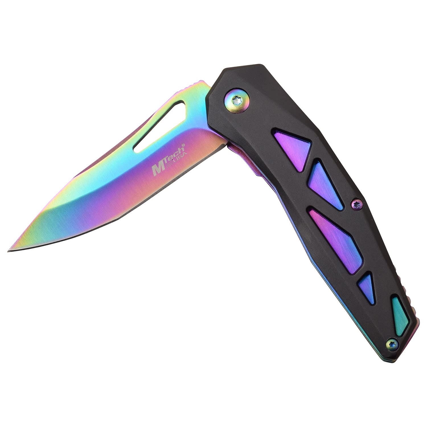 MTECH USA - Spring Assisted Folding Knife - Rainbow TiNite Stainless Steel Blade, Black Aluminum Handle w/Rainbow Stainless Steel Liner, Pocket Clip, Liner Lock - Hunting, Camping, EDC โ MT-A1141RB