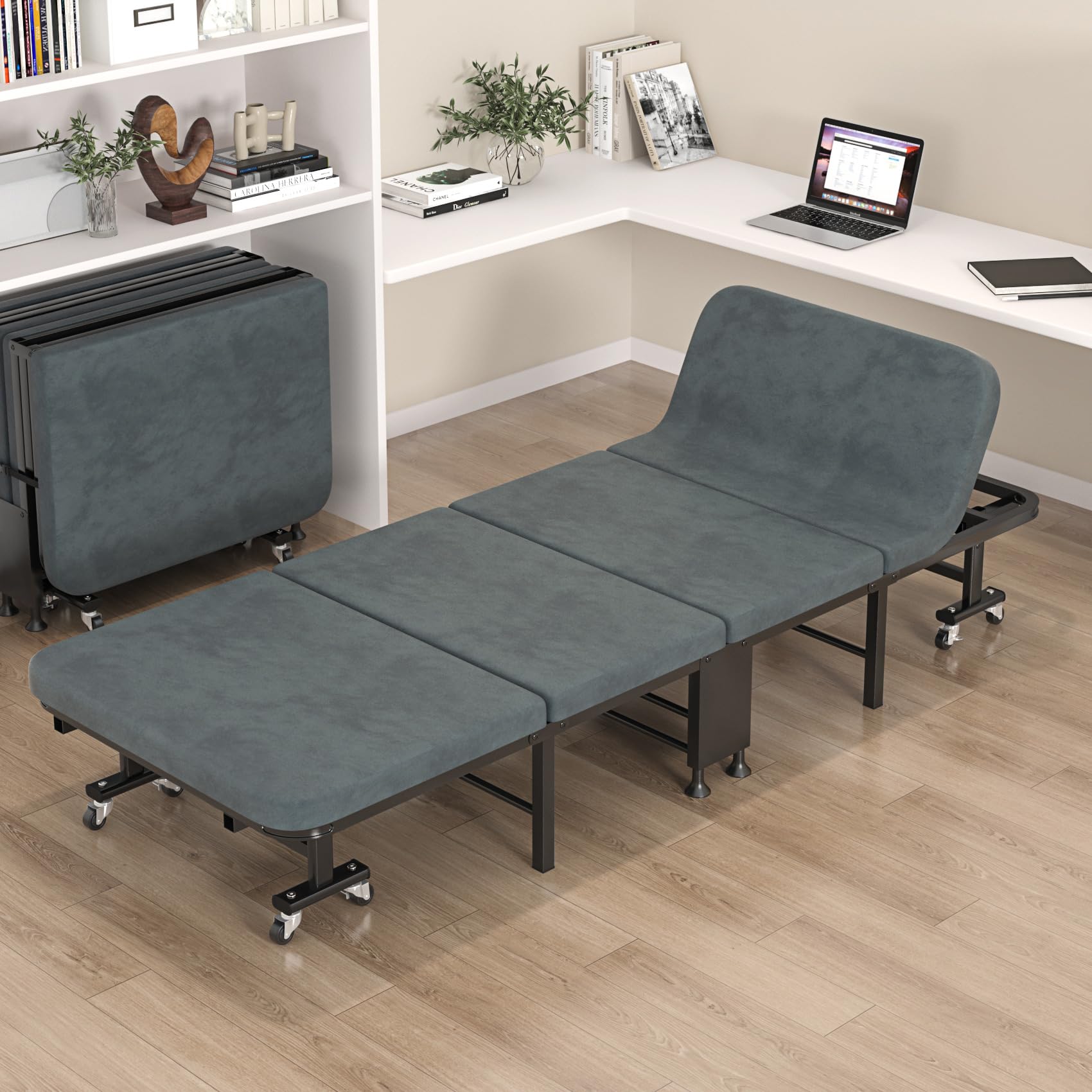 LEAIJIAFY Foldable Bed Sleeping Cot with Casters and 1.57" Latex Mattress,Temporary Bed Guest Rollaway Bed with Adjustable Backrest,Sturdy Metal Bed Frame,for Lunch Break Nap,Black,74.80" *23.62"