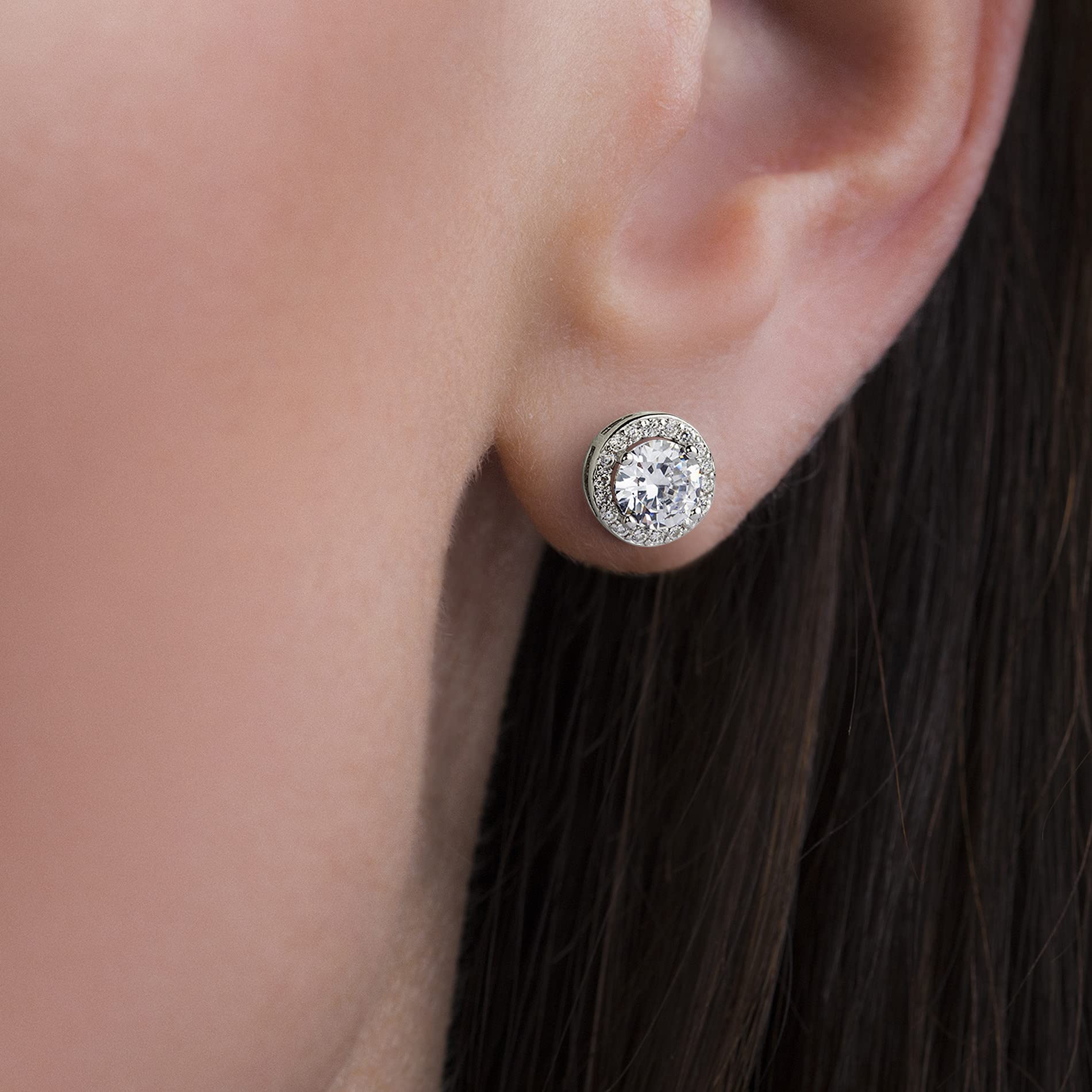 Lesa Michele Rhodium Plated 925 Sterling Silver Cushion & Round Shaped Cubic Zirconia Halo Stud Earrings for Women 2 Pair Earring Set White