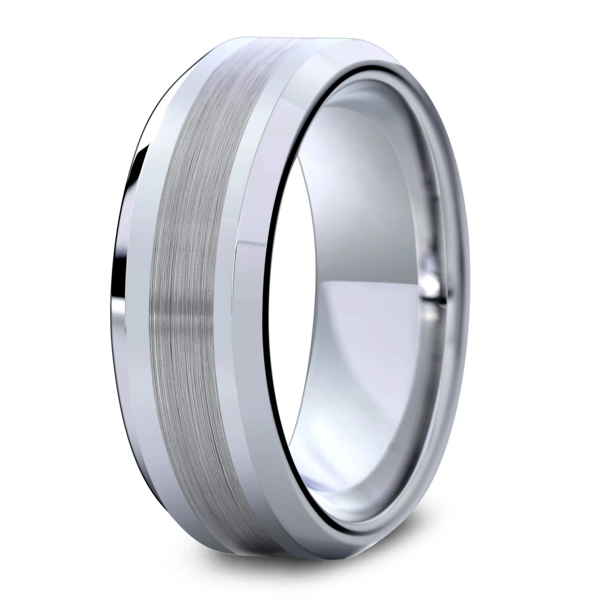 MTERO Tungsten Carbide 8 mm (5/16 in) Comfort Fit Flat Wedding Band Ring with Brushed Center & Polished Beveled Edge Two-Tone (Sizes 8 to 11) (10)
