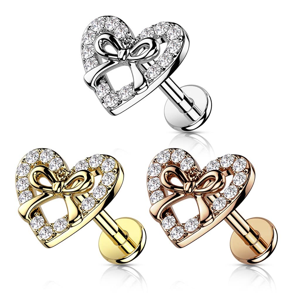 Pierced Owl 16GA 316L Stainless Steel CZ Crystal Paved Heart with Ribbon Center Internally Threaded Flat Back Stud (Rose Gold Tone)