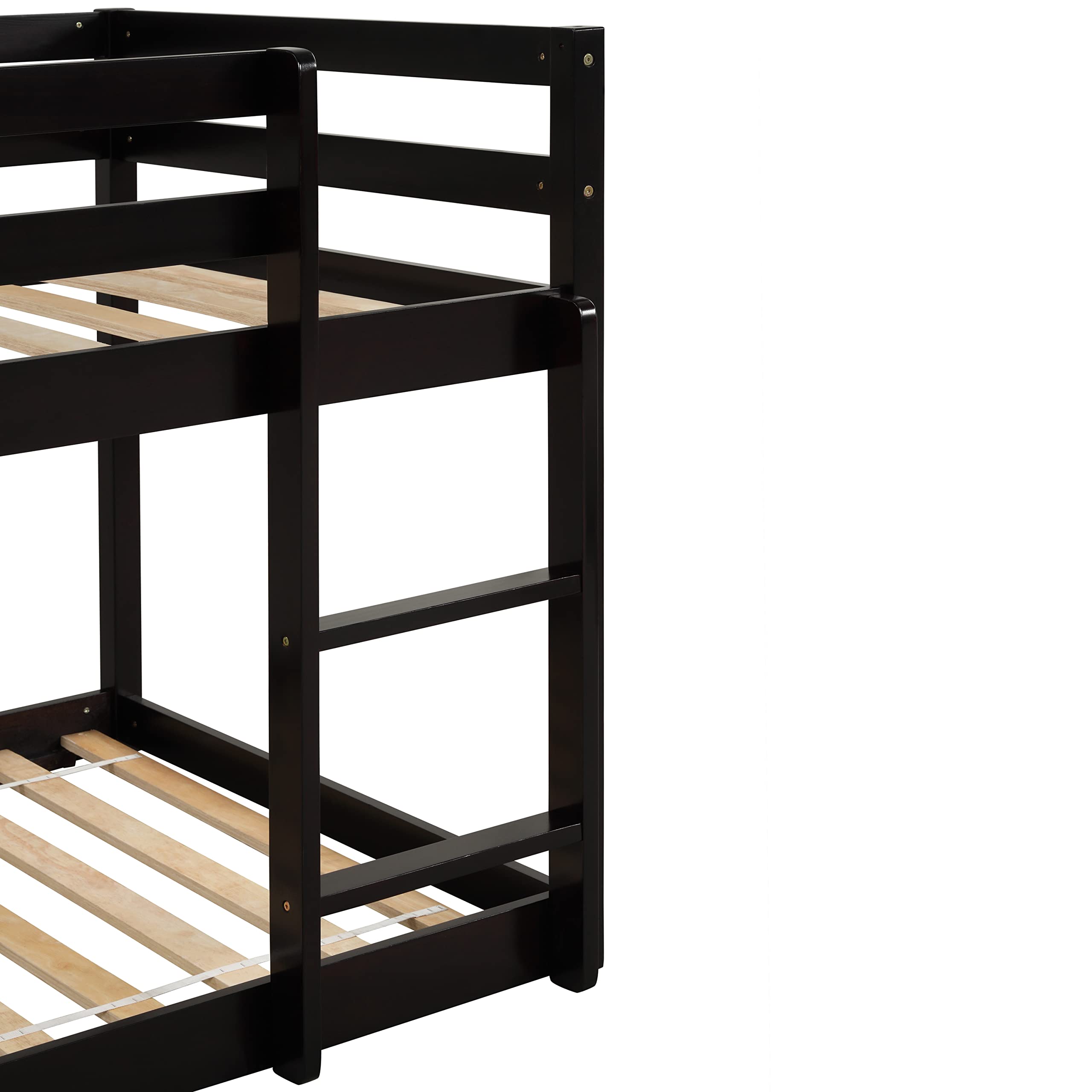 VilroCaz Twin Over Twin Floor Bunk Bed, Solid Wood Low Bunk Bed Frame with Built-in Ladder for Kids Teens Boys Girls, Strong Wood Slats Support (Espresso-K3)