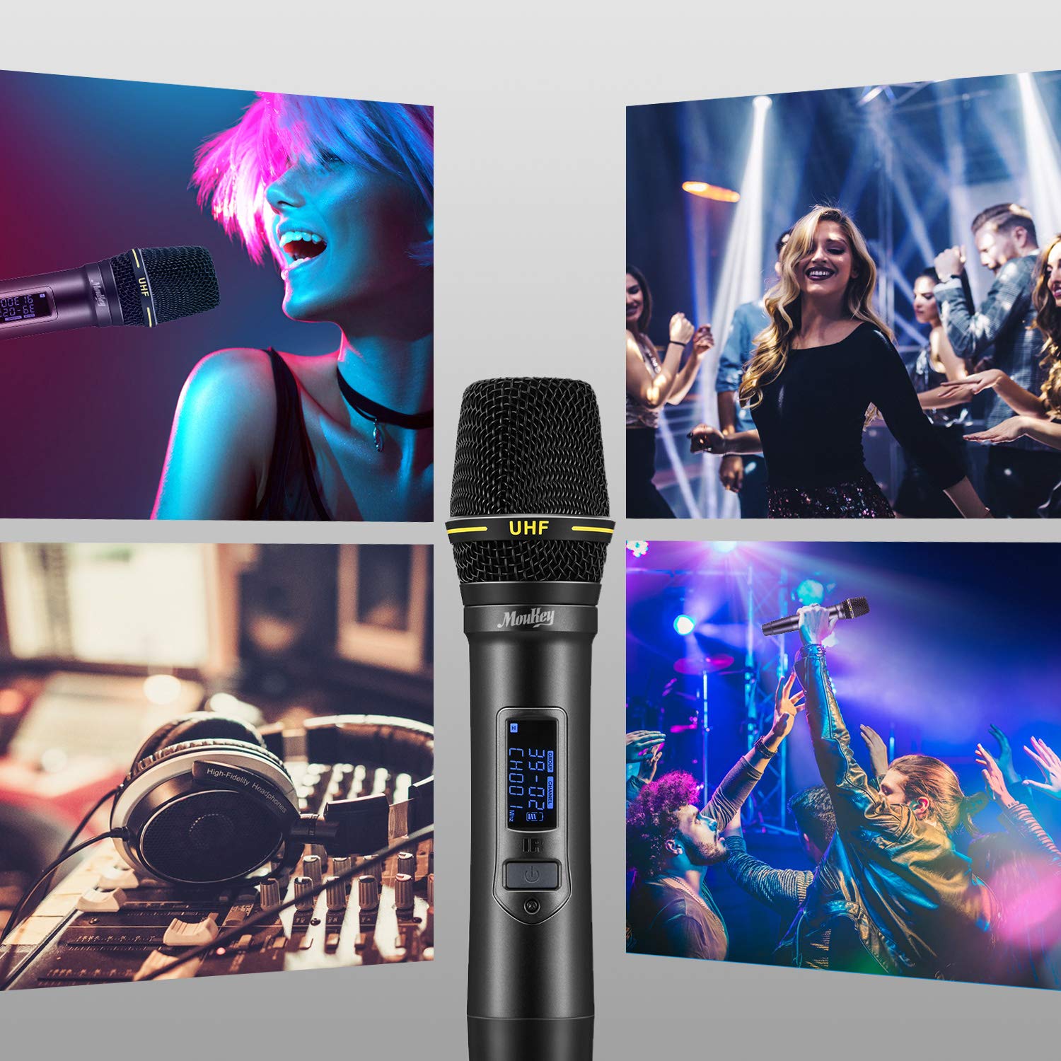 Moukey Wireless Microphone, 260 Channels Dual Handheld Dynamic Karaoke Microphone, Anti-Interference, 262ft Range, UHF Mics for Karaoke/Voice Amplifier/PA System/DJ/Church