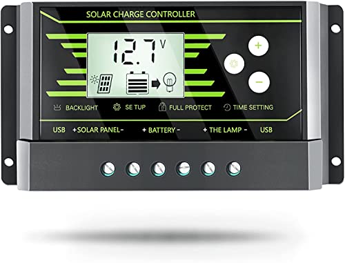 Solar Charge Controller 10 amp - PowMr Solar Panel Battery Controller 12V 24V,Dual USB Adjustable Parameter Backlight LCD Display and Timer Setting ON/Off Hours Solar Regulator(10A)