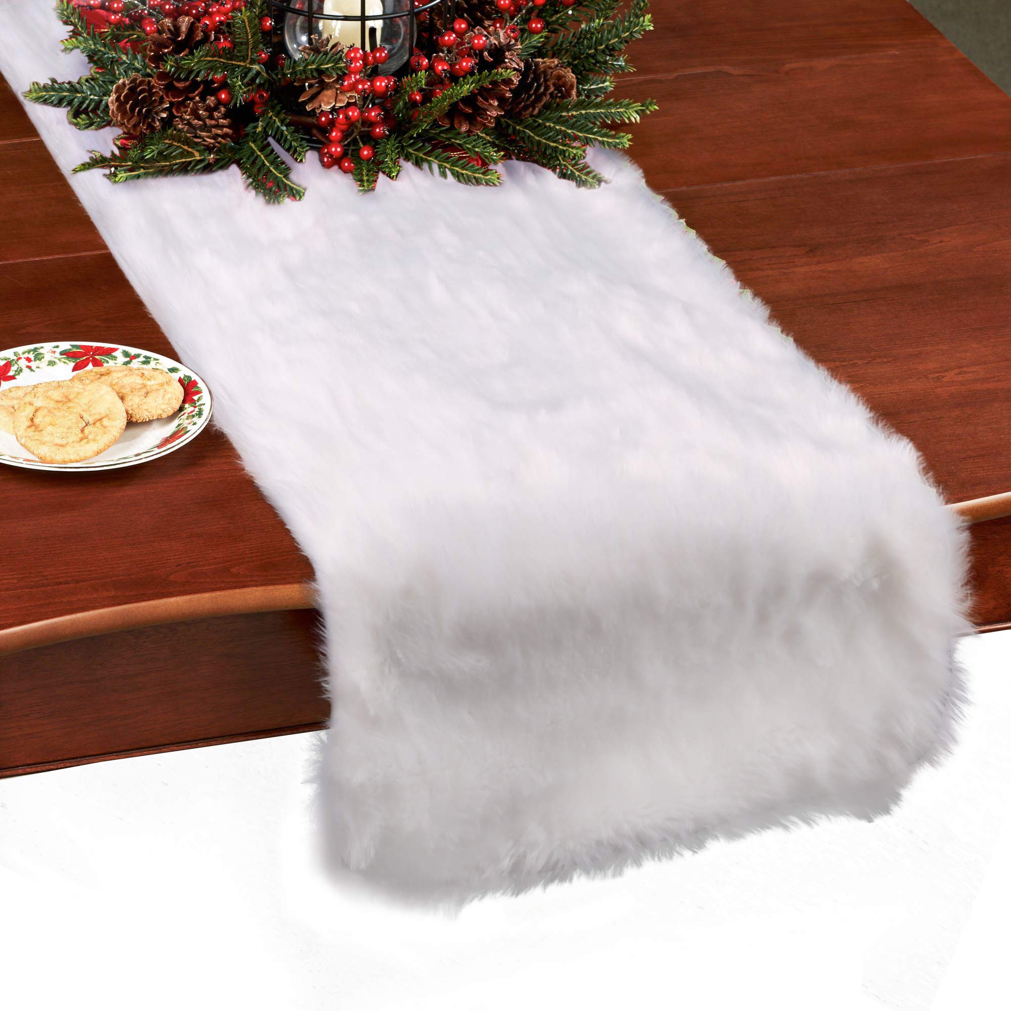 Konsait Luxury Christmas Table Runner Faux Fur Winter Snowy White Table Runner for Christmas Holiday Table Decorations, 15 x 72 Inch