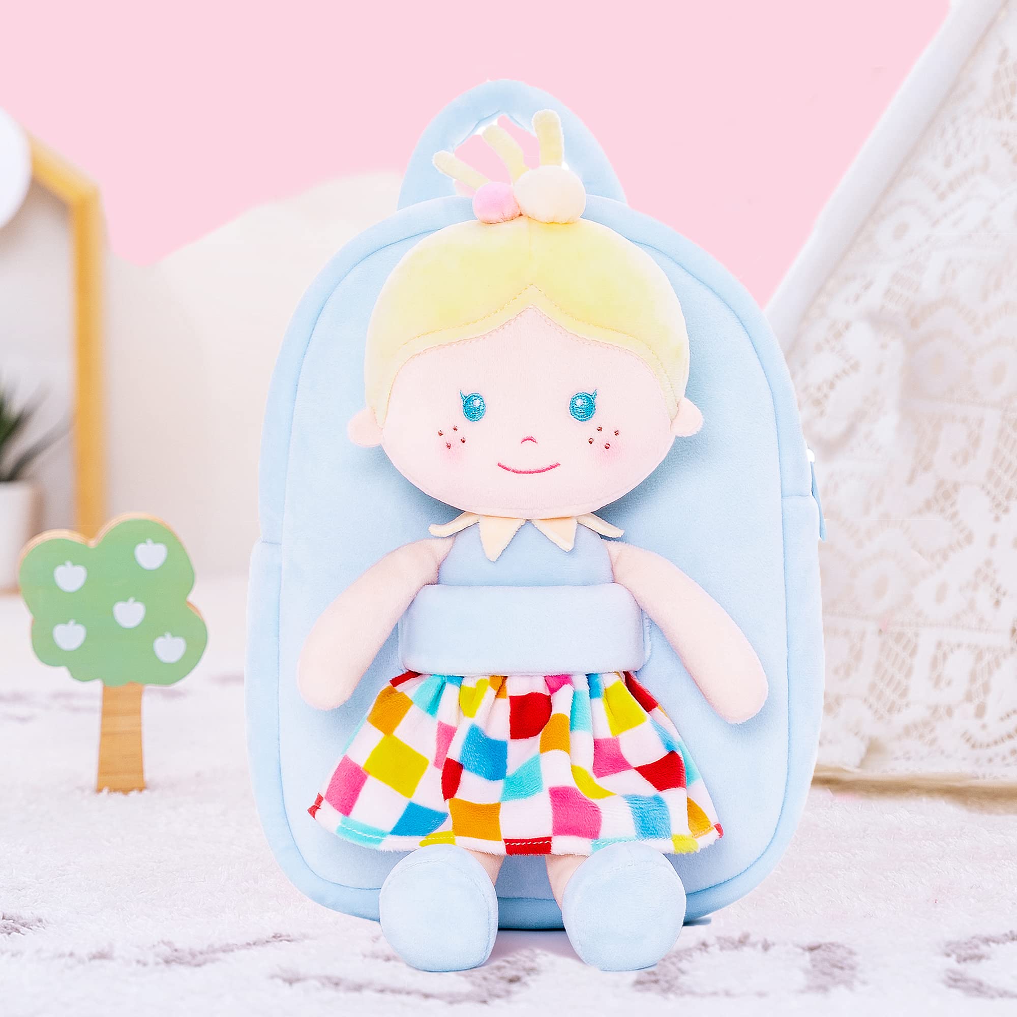 Onetoo Toddler Kids Backpack with Soft Baby Dolls in Plaid Dress 9.5"