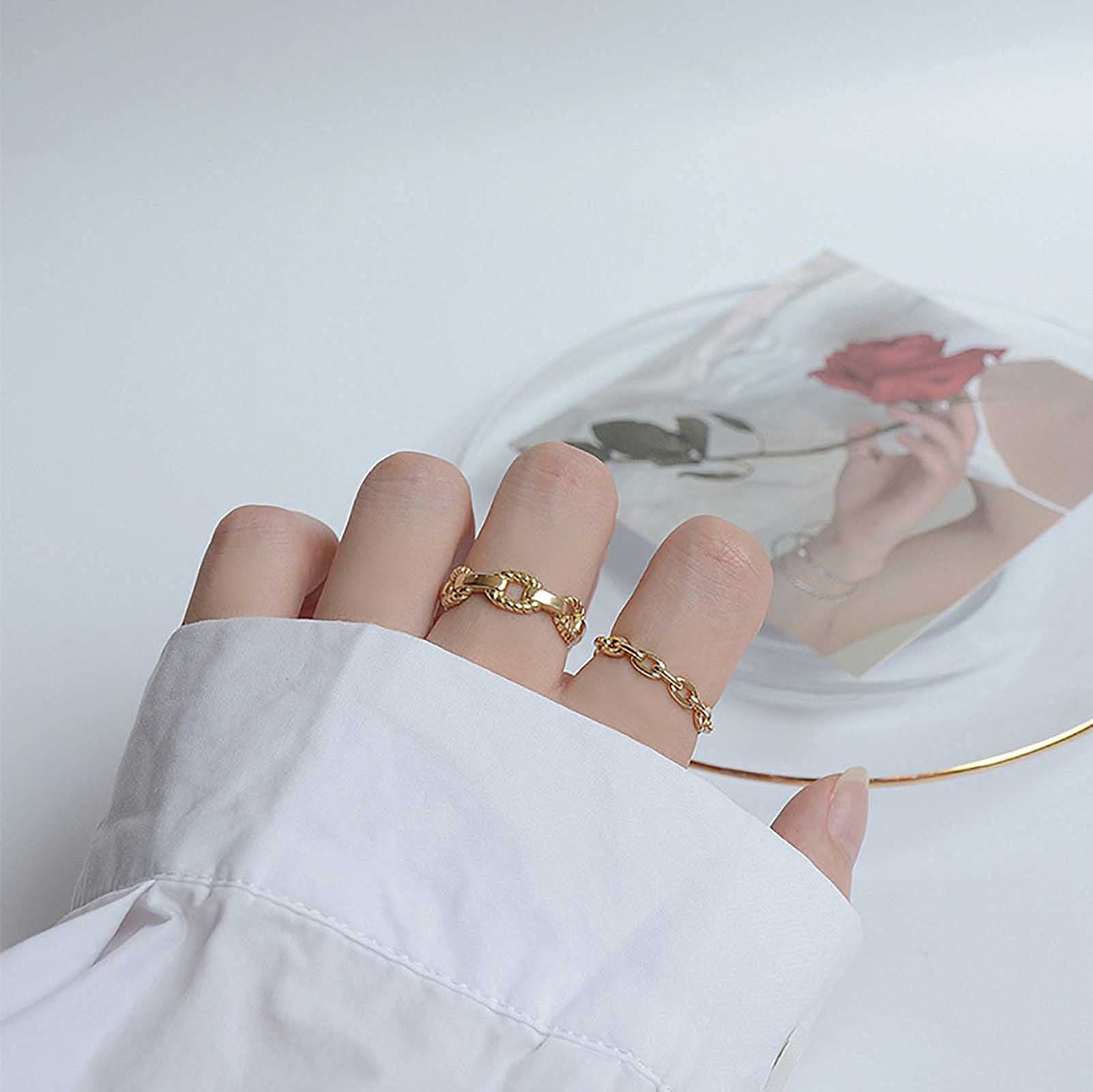 MYNENEY 925 Sterling Silver Chain Link Ring Adjustable Cute Simple Stacking Ring 14K Gold Plated Open Trendy Rings for Women Silver S