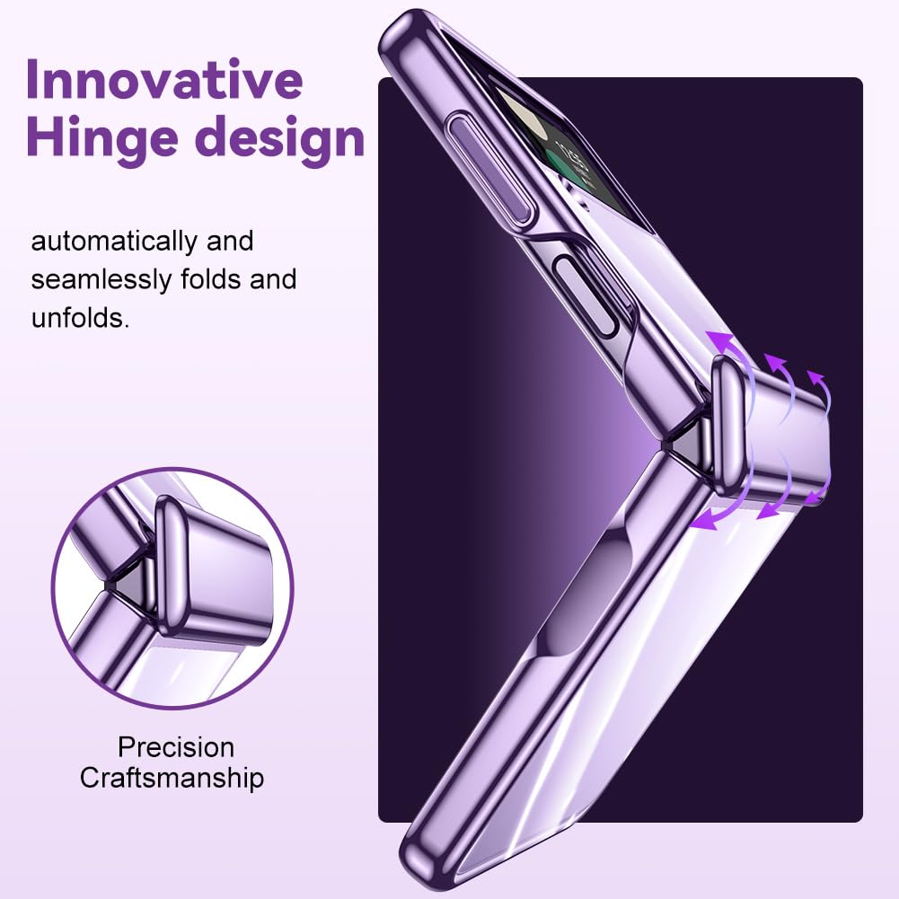 LEIAU for Samsung galaxy z-Flip-4 Case: Transparent Electroplating Protective Phone Case with Full Cover Hinge Protection, Clear Case with Screen Protector for Galaxy Z Flip 4 5G (Purple)