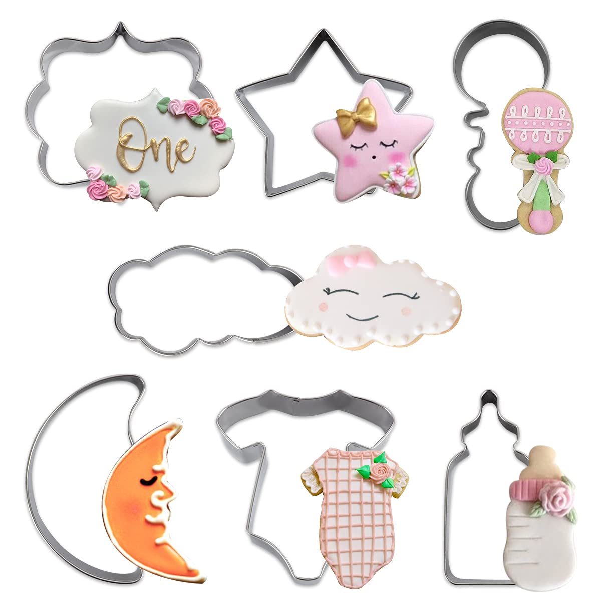 Twinkle Twinkle Little Star Themed Cookie Cutters, 7 Pack Baby Shower Baking Molds Stainless SteelĀ Biscuit Sandwich Cake Cutter Set with Moon, Star, Cloud, Baby Onesies