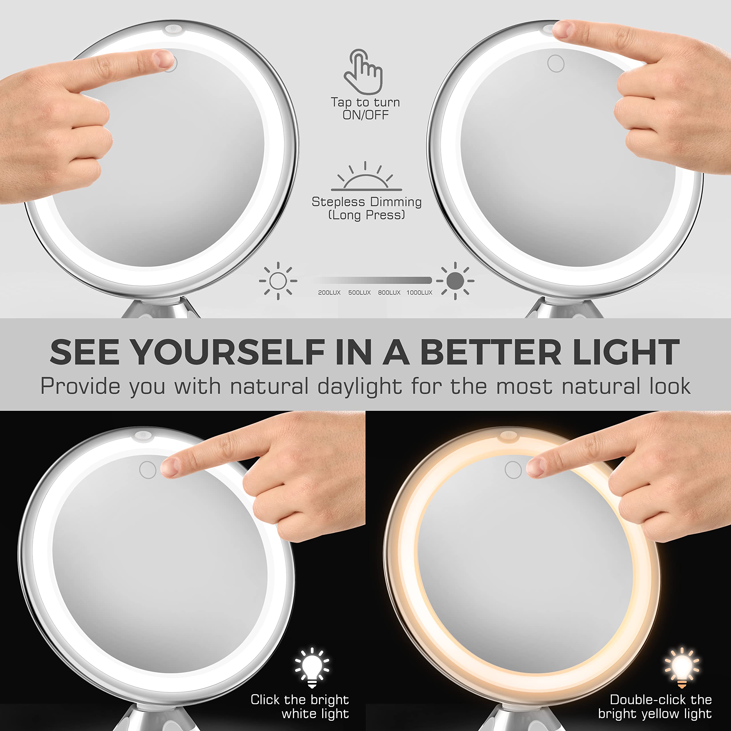Vimdiff 10X Magnifying Mirror with Light, Makeup Mirror with Touch Control LED Lights, 360 Degree Rotating Arm, and Powerful Locking Suction Cup, Mirror with Lights for Bathroom Vanity and Travel