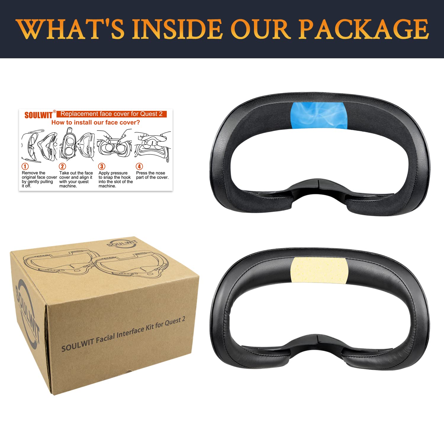 SOULWIT 2Pcs Face Cushion Cover (Facial Interface) Replacement Kit for Oculus Quest 2, Softer Protein Leather + Cooling Gel, Anti-Leakage Nose Pad, VR Accessories for Meta Quest 2 (CG+PL Cover)