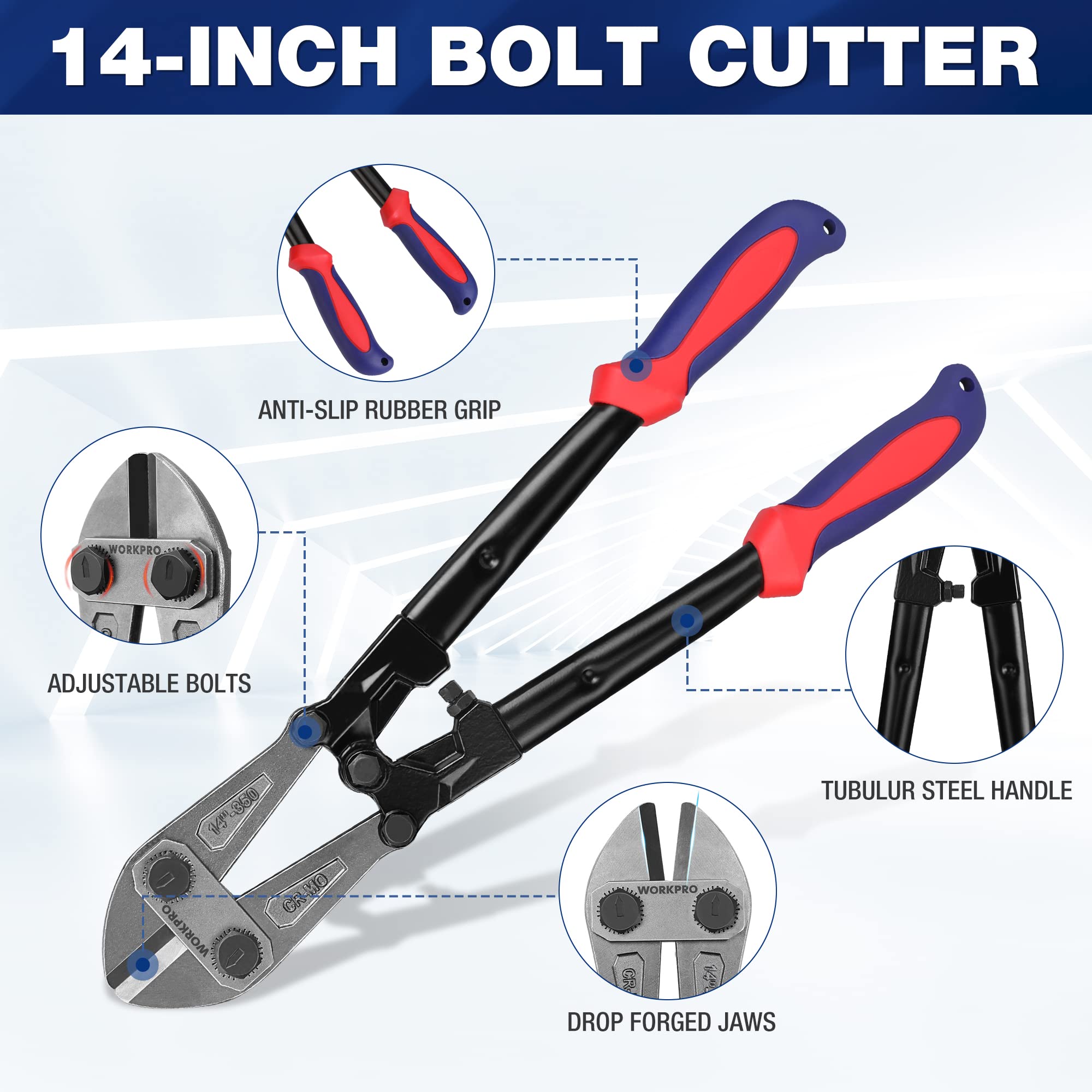 WORKPRO W017004A Bolt Cutter, Bi-Material Handle with Soft Rubber Grip, 14", Red&Blue