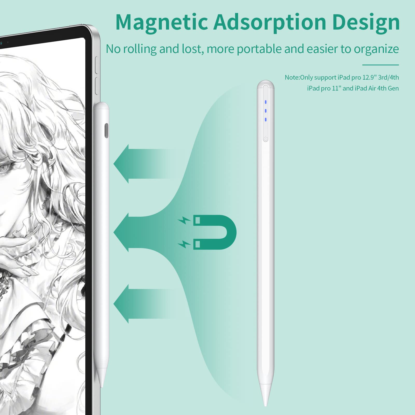 Stylus Pen for iPad, Active Pencil with Palm Rejection, Compatible with iPad 8th/7th/6th Gen, iPad Pro 11 & 12.9 inch, iPad Air 5th/4th/3rd Gen, iPad Mini