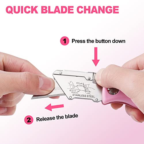 WORKPRO Folding Utility Knife, Quick Change Box Cutter, Pink Razor Knife for Cartons, Cardboard, Boxes with Blade Storage Design, Extra 15 Blades Included - Pink Ribbon