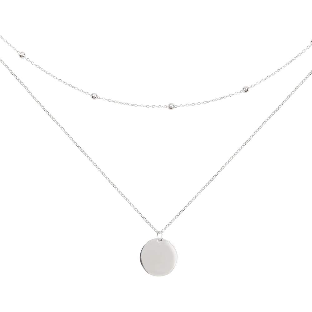 Layered Disc Pendant Choker Necklace for Women 925 Sterling Silver 18K Gold Dainty Full Moon Circle Coin Collar Two-Double Chain Fashion Y Jewelry Best Box Birthday Wedding (silver)