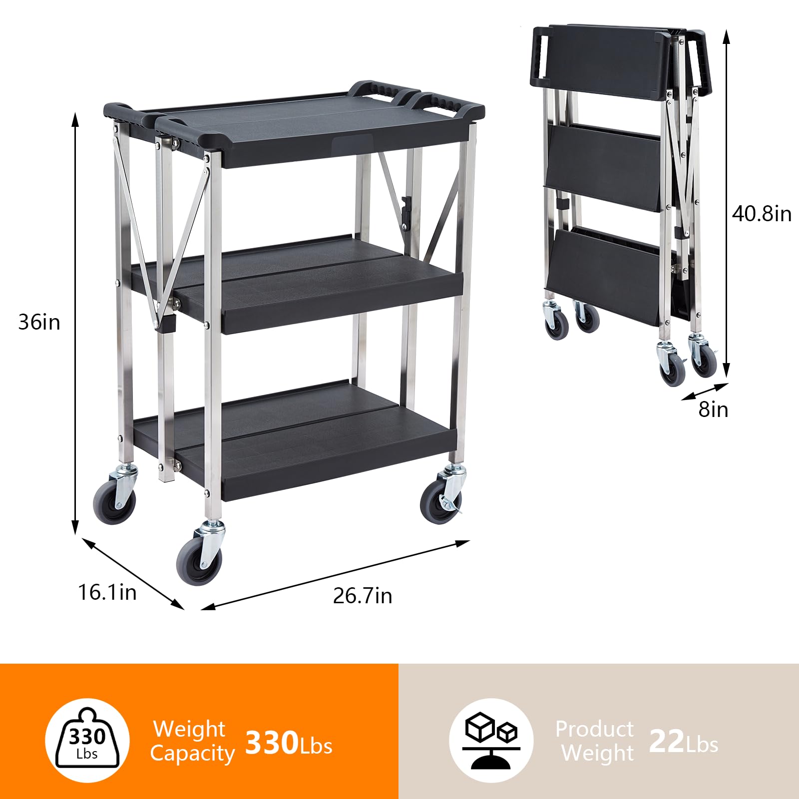 Zstar Foldable Service Cart, 3-Tier Heavy Duty Rolling Service Cart with Lockable & Silent Wheels, 330 lbs Load Capacity, Professional Utility Cart for Foodservice, Commercial,Office, Warehouse, Black