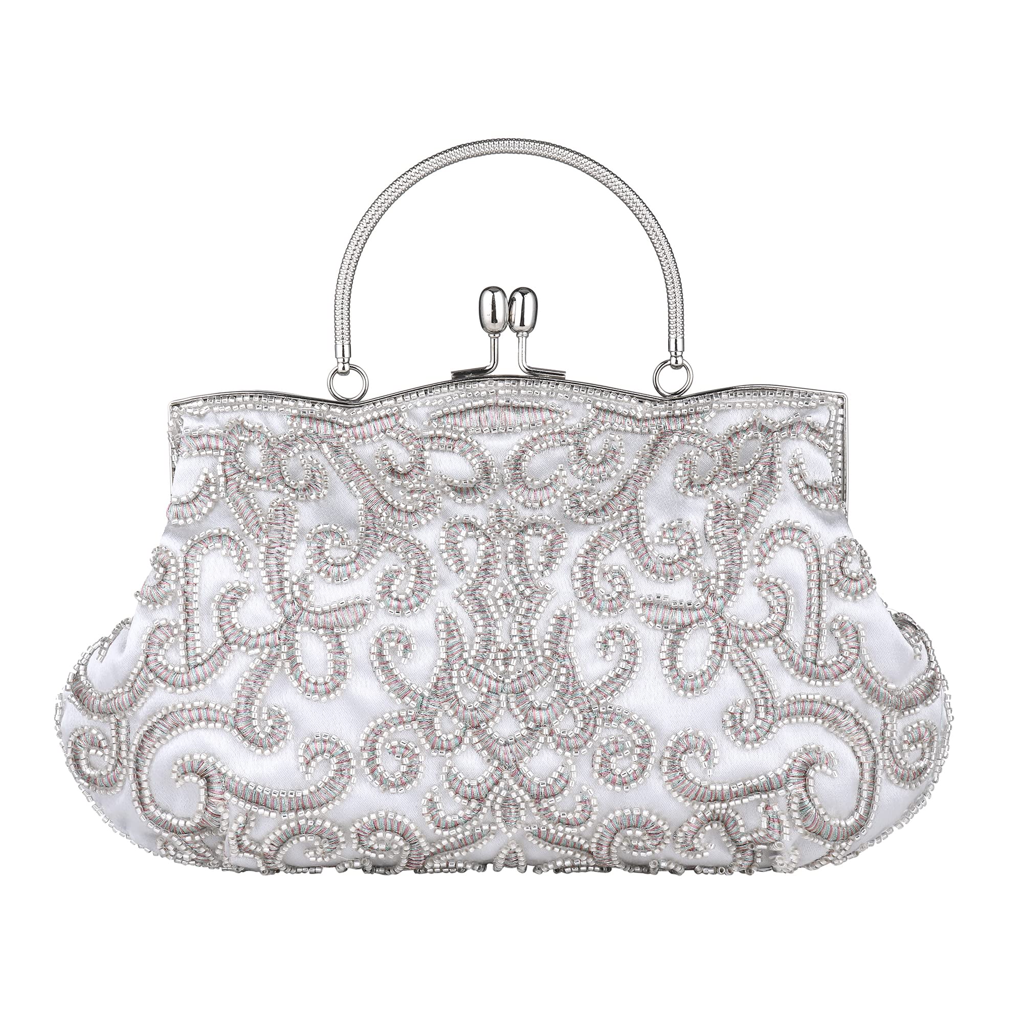 Rkrouco Women's Embroidery Beaded Sequin Evening Clutch 1920s Vintage Handbag Suitable for Wedding Party Purse. (Silver)