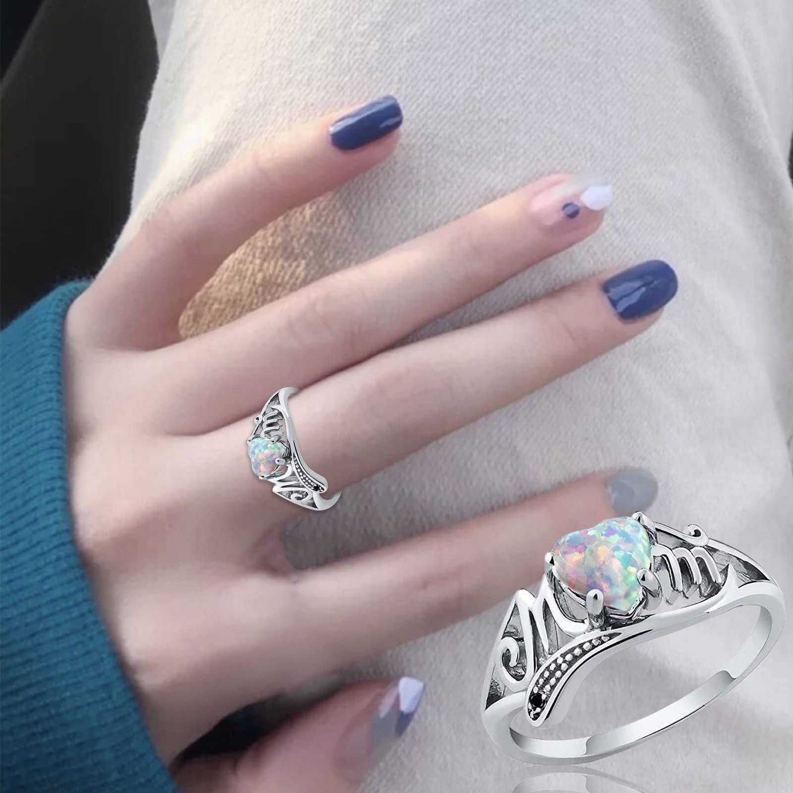 Mother Birthstone Ring Opal Heart Letter Ring Stainless Steel Diamond Ring Band Statement Ring Jewelry For Mom Grandmother