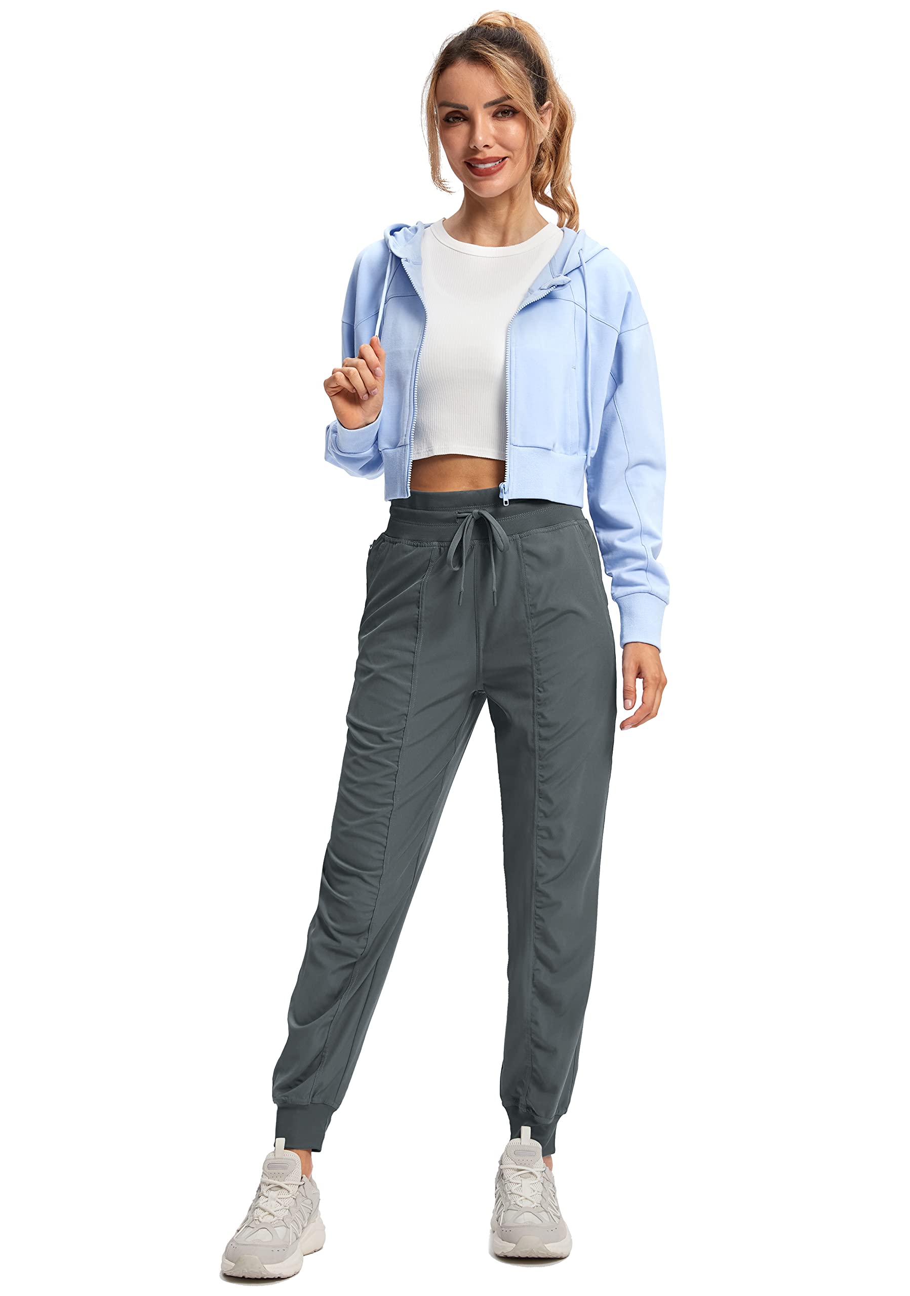 SANTINY Women's Lightweight Joggers High Waisted Running Hiking Track Pants Workout Athletic Jogger for Women Zipper Pockets (Dark Grey_M)