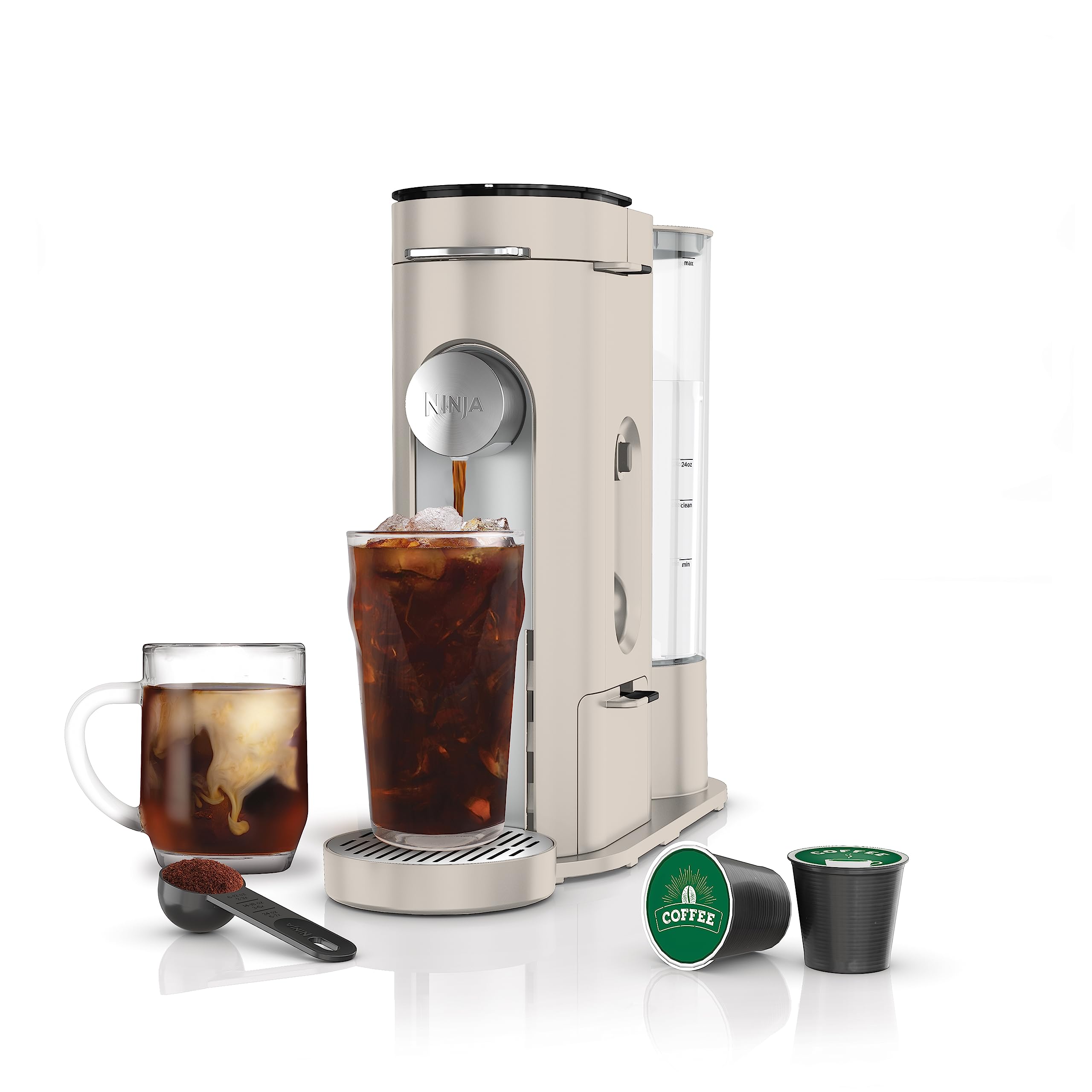 Ninja PB041ST Pods & Grounds Single-Serve Coffee Maker, K-Cup Pod Compatible, Brews Grounds, Compact Design, 56-oz. Reservoir, 6-oz. Cup to 24-oz. Travel Mug Brew Sizes, Iced Coffee Maker, Stone