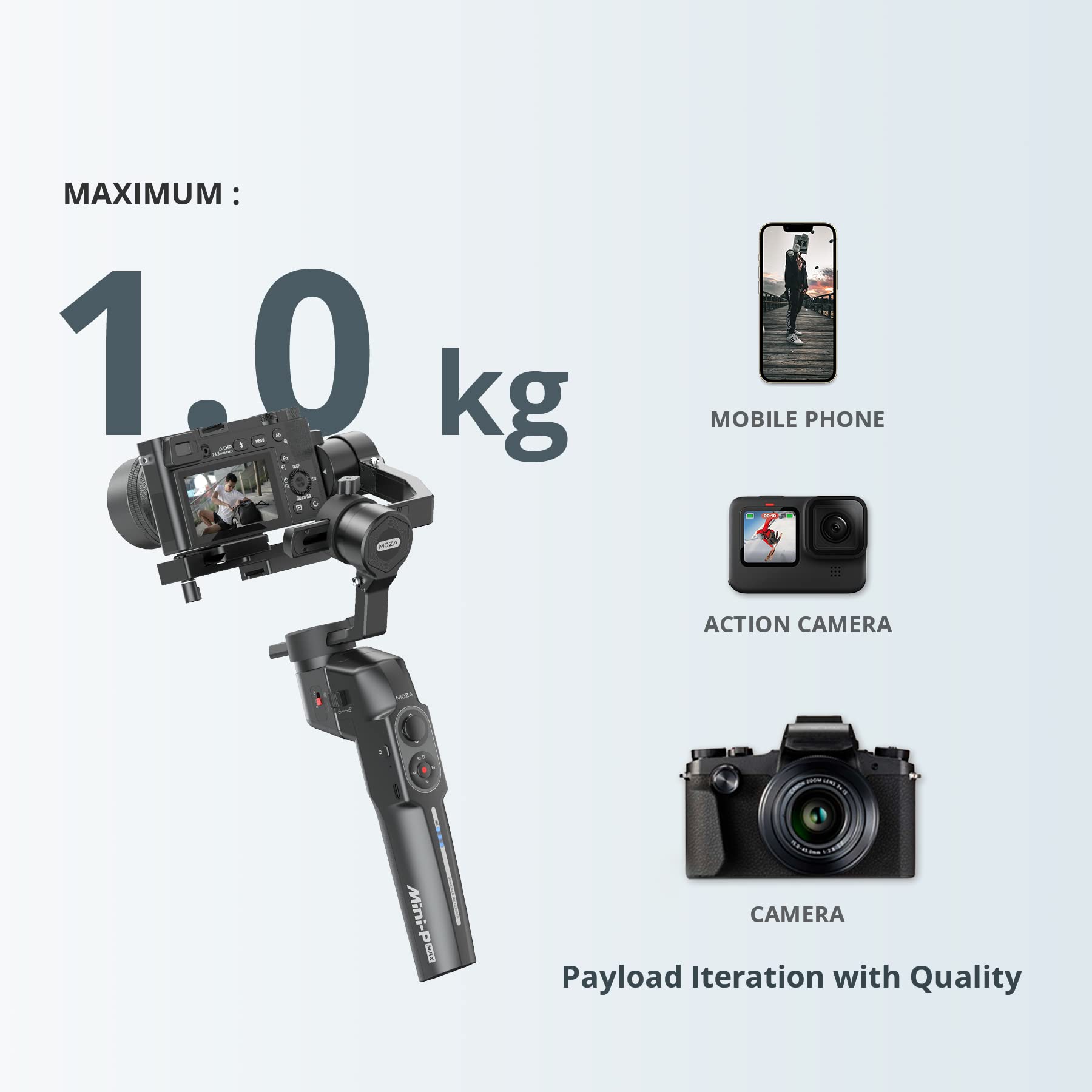 MOZA Mini P MAX Professional Gimbal 3 Axis Stabilizer up to 2.2Lb Payload Compatible with Multiple Devices Include Smartphones, Gopro, Compact&mirrorless Cameras