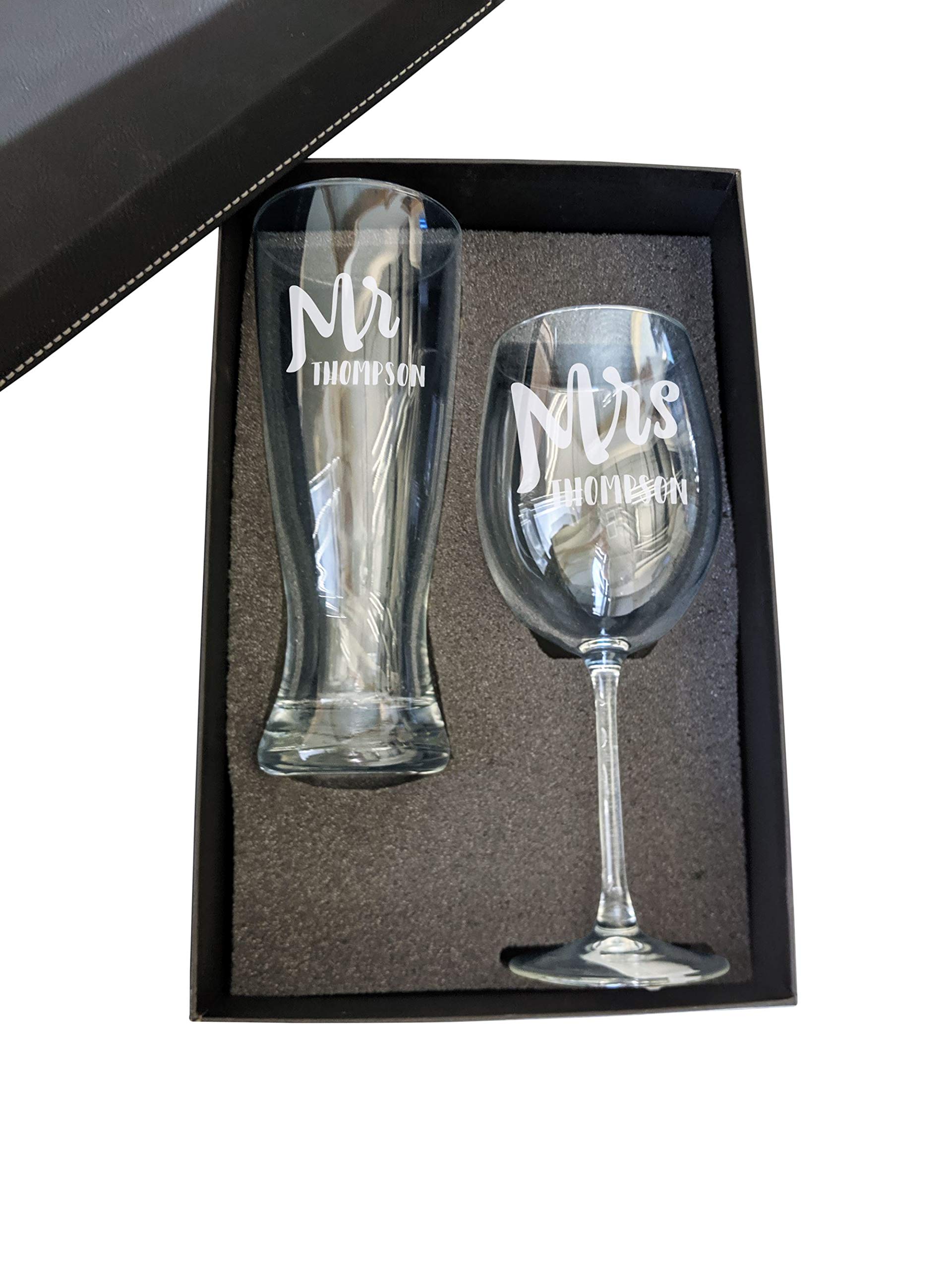 Personalized Mr & Mrs Couples Beer & Wine Glass Set - Set of 2 In Gift Box | Engraved Wedding Toasting Glasses